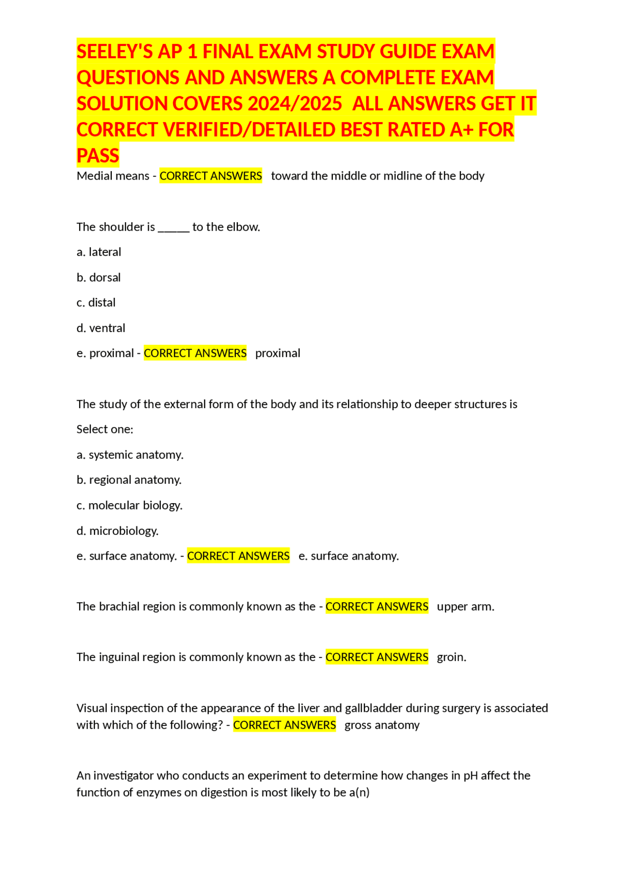 Seeley's AP 1 Final Exam Study Guide: Anatomy and Physiology Questions ...