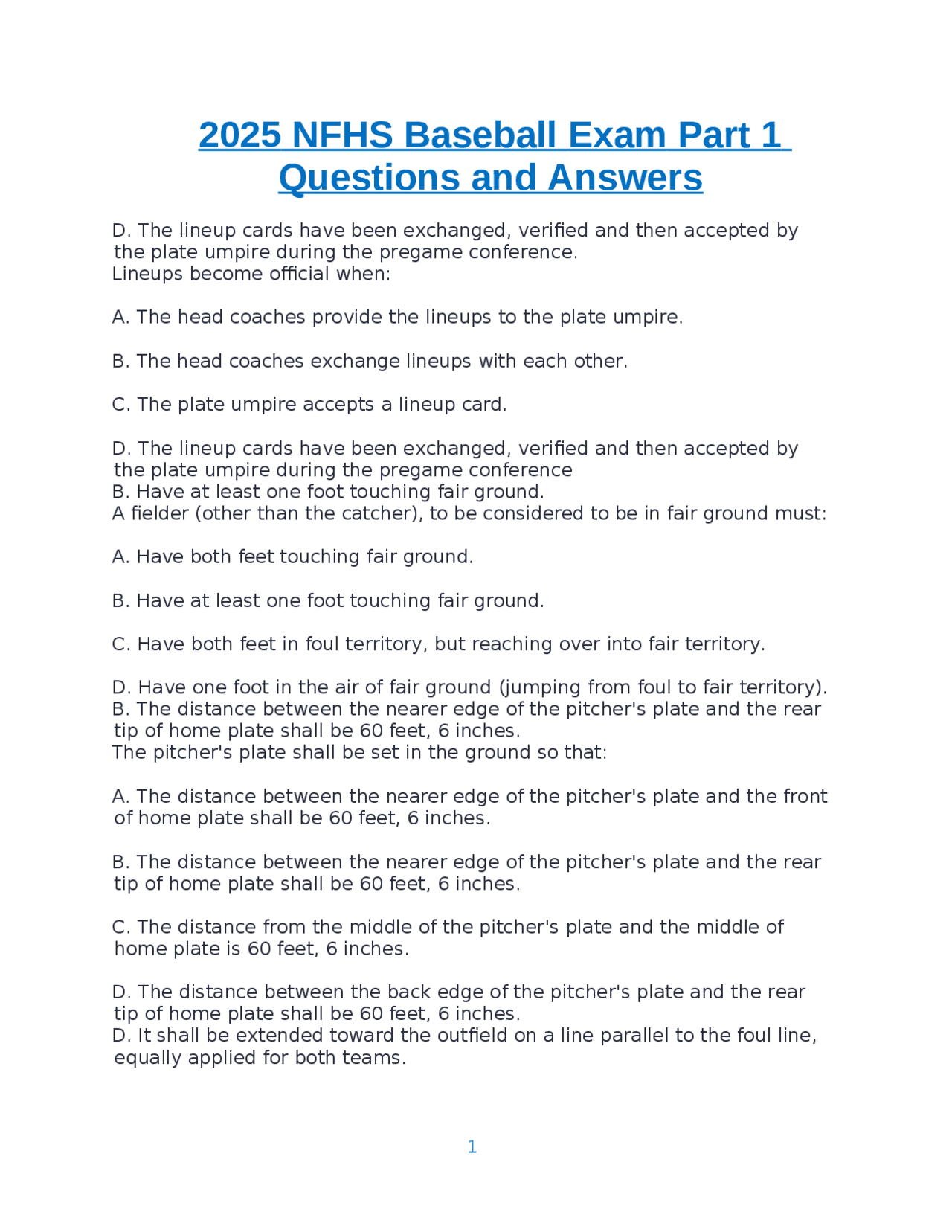 2025 NFHS Baseball Exam Part 1 Questions and Answers | Exams Physical ...