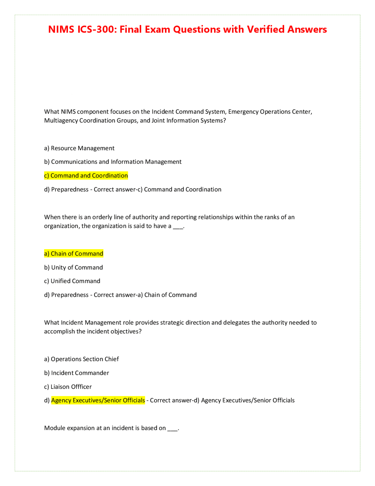 NIMS ICS-300: Final Exam Questions with Verified Answers 2025 | Exams Business Statistics | Docsity