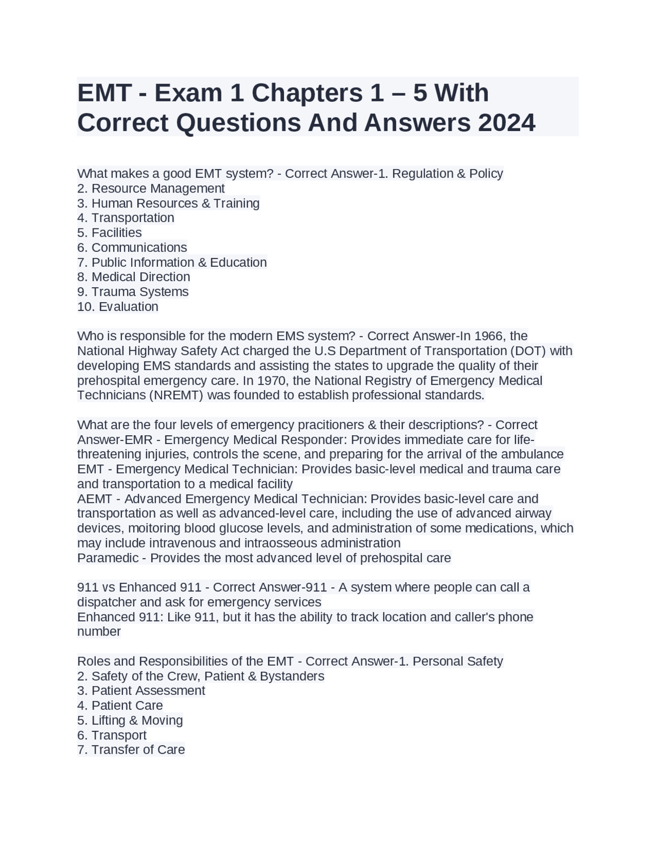 EMT - Exam 1 Chapters 1 – 5 With Correct Questions And Answers 2024 ...