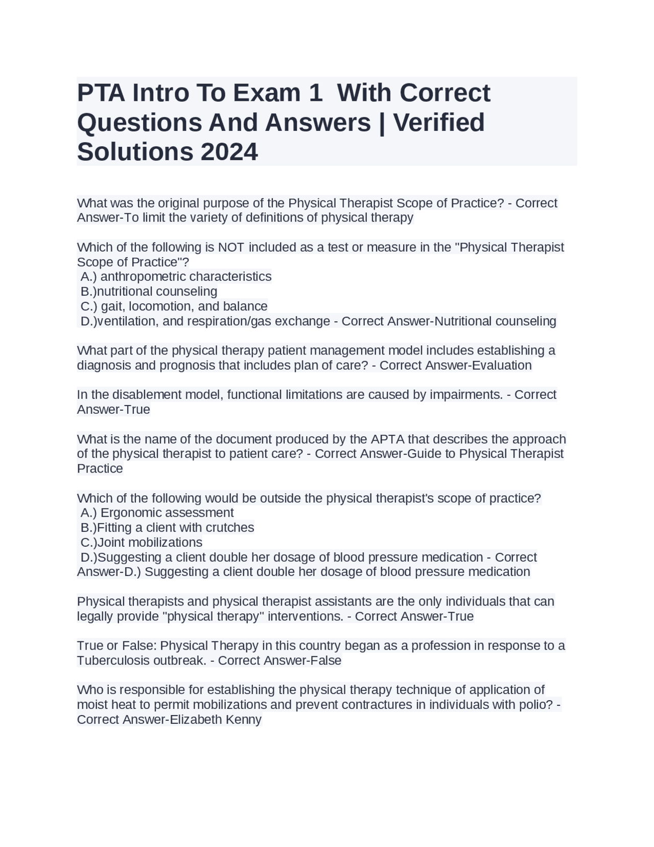 Introduction to Physical Therapy Exam 1: Practice Questions and Answers ...