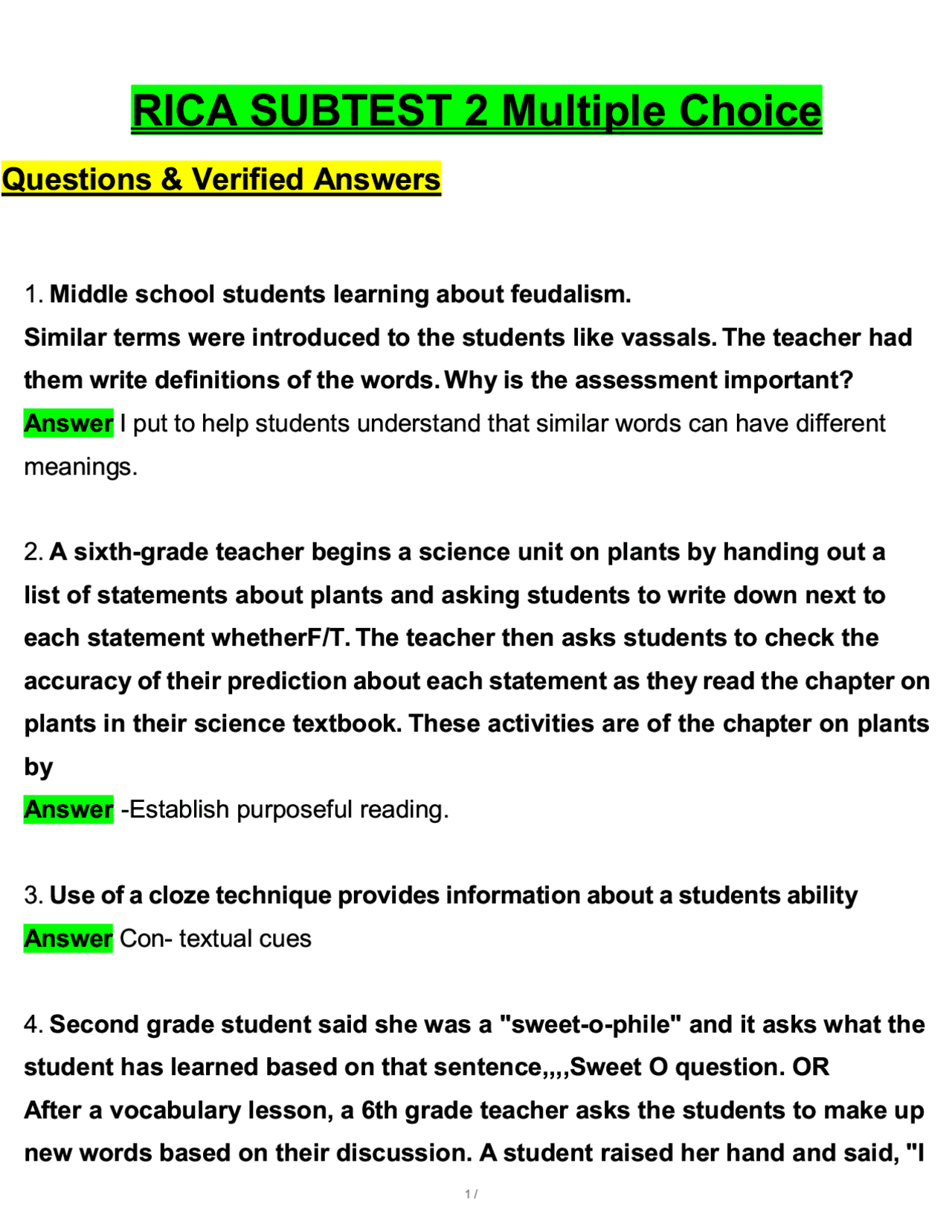 RICA Subtest 2 Multiple Choices Questions and Answers Verified 2025 / ...
