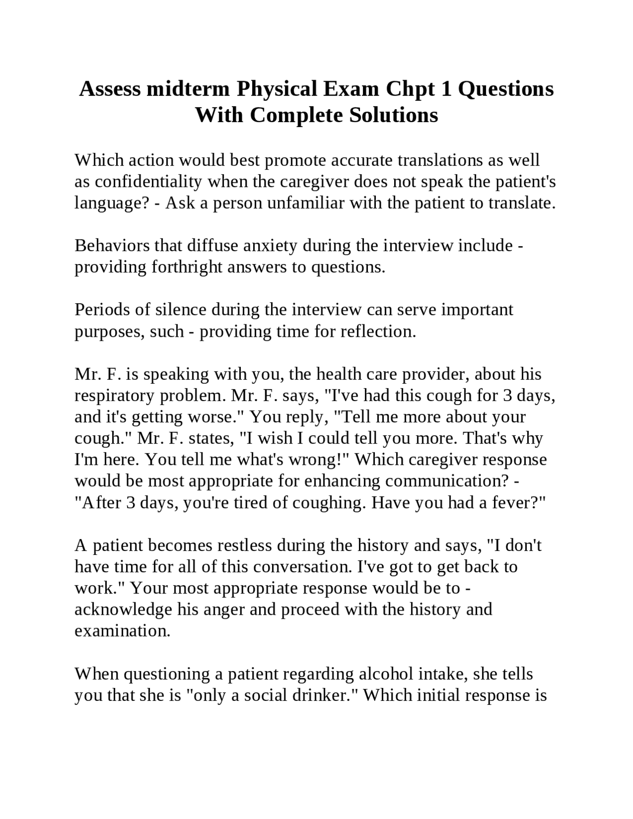 Assess midterm Physical Exam Chpt 1 Questions With Complete Solutions ...