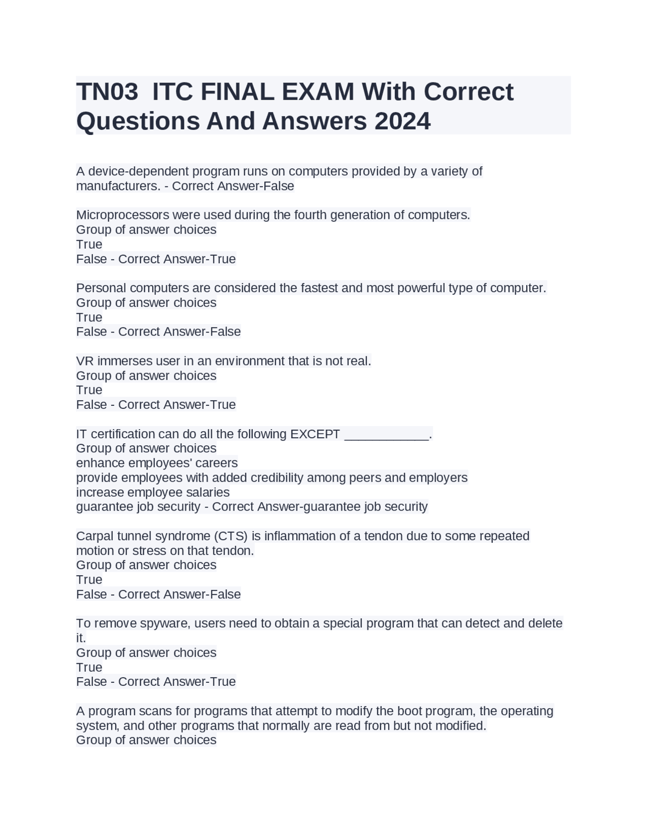 TN03 ITC FINAL EXAM With Correct Questions And Answers 2024 | Exams ...