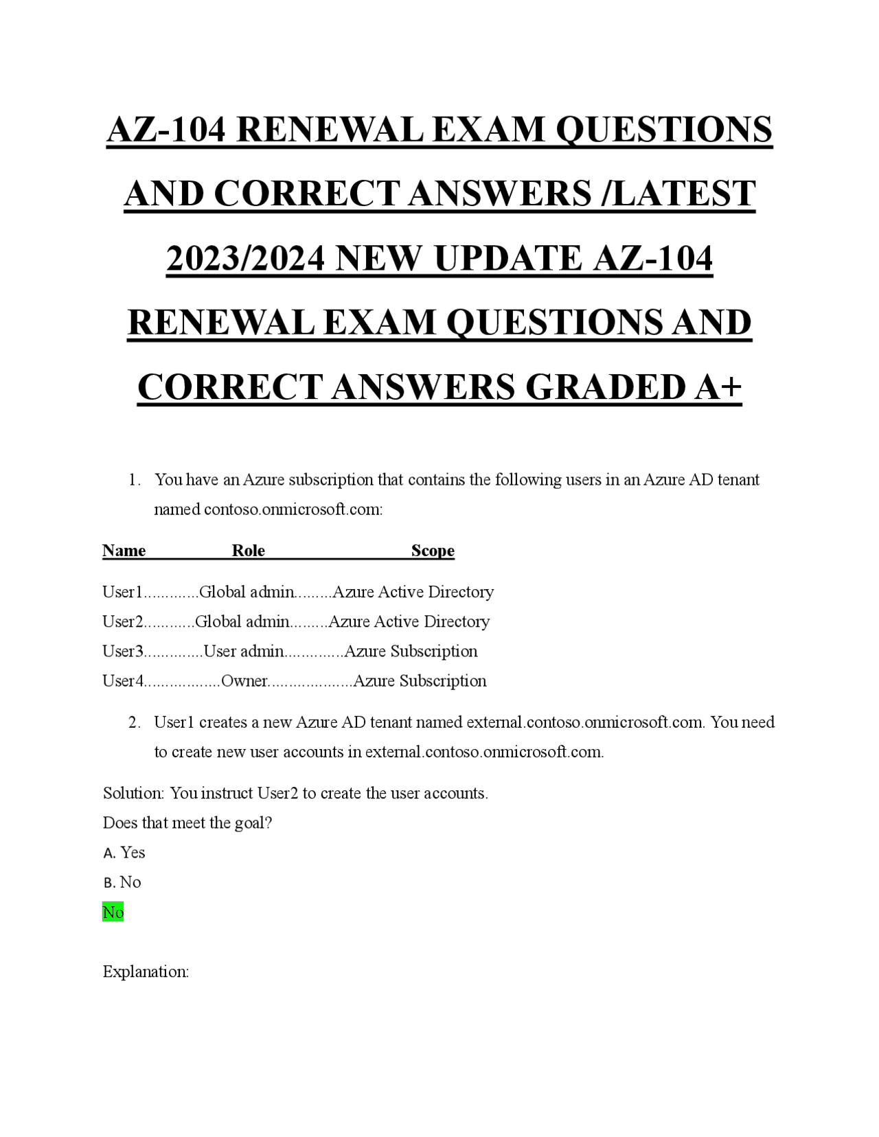 AZ-104 RENEWAL EXAM QUESTIONS AND CORRECT ANSWERS /LATEST 2023/2024 NEW ...