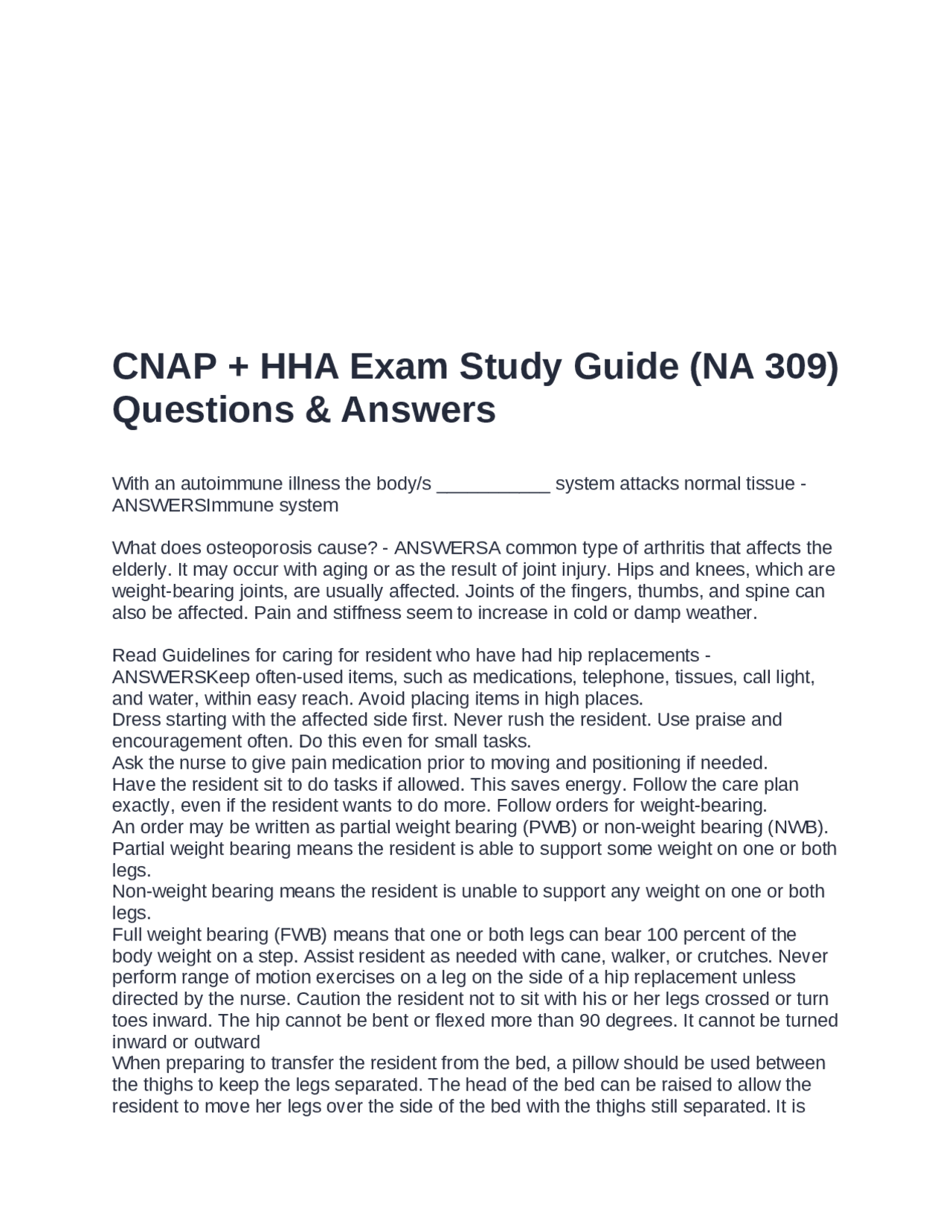 CNAP + HHA Exam Study Guide (NA 309): Questions & Answers | Exams ...