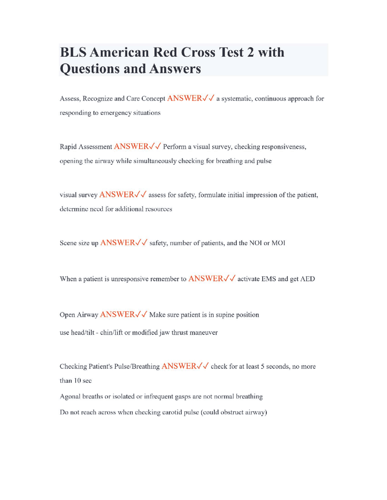 BLS American Red Cross Test 2 with Questions and Answers | Exams Health ...
