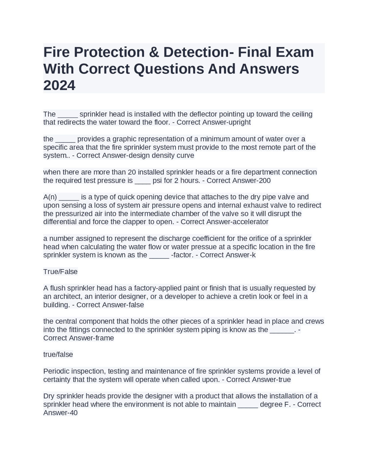 Fire Protection & Detection- Final Exam With Correct Questions And ...