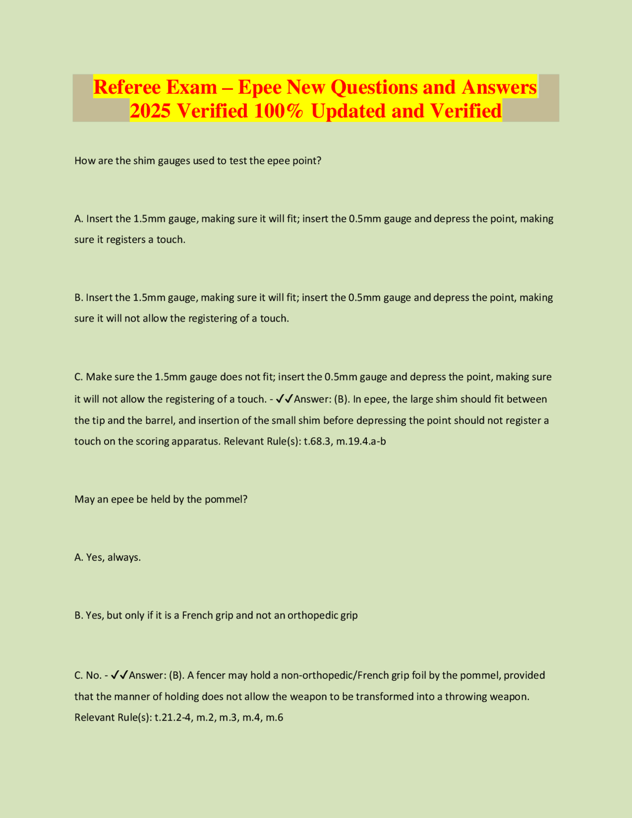 Referee Exam for Epee: Questions and Answers | Exams Building Materials ...