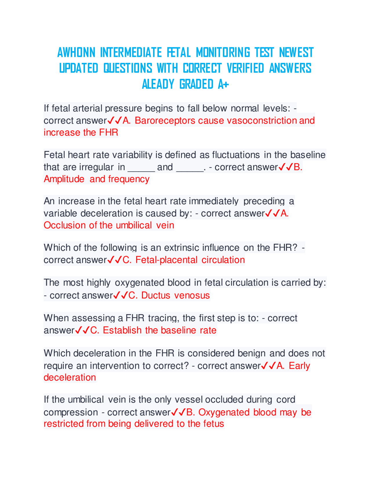 AWHONN Intermediate Fetal Monitoring Test: Questions and Answers ...