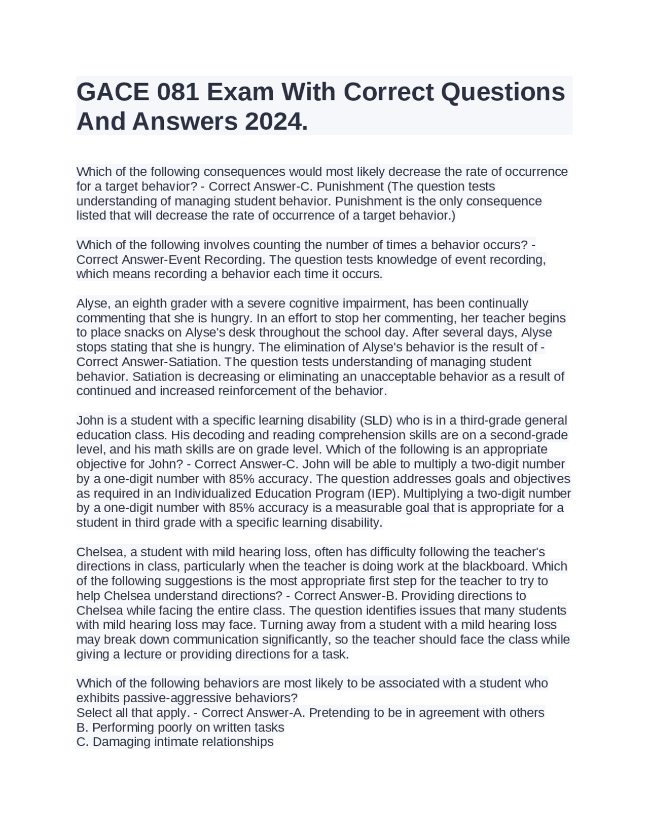 GACE 081 Exam: Multiple Choice Questions and Answers for Educators ...