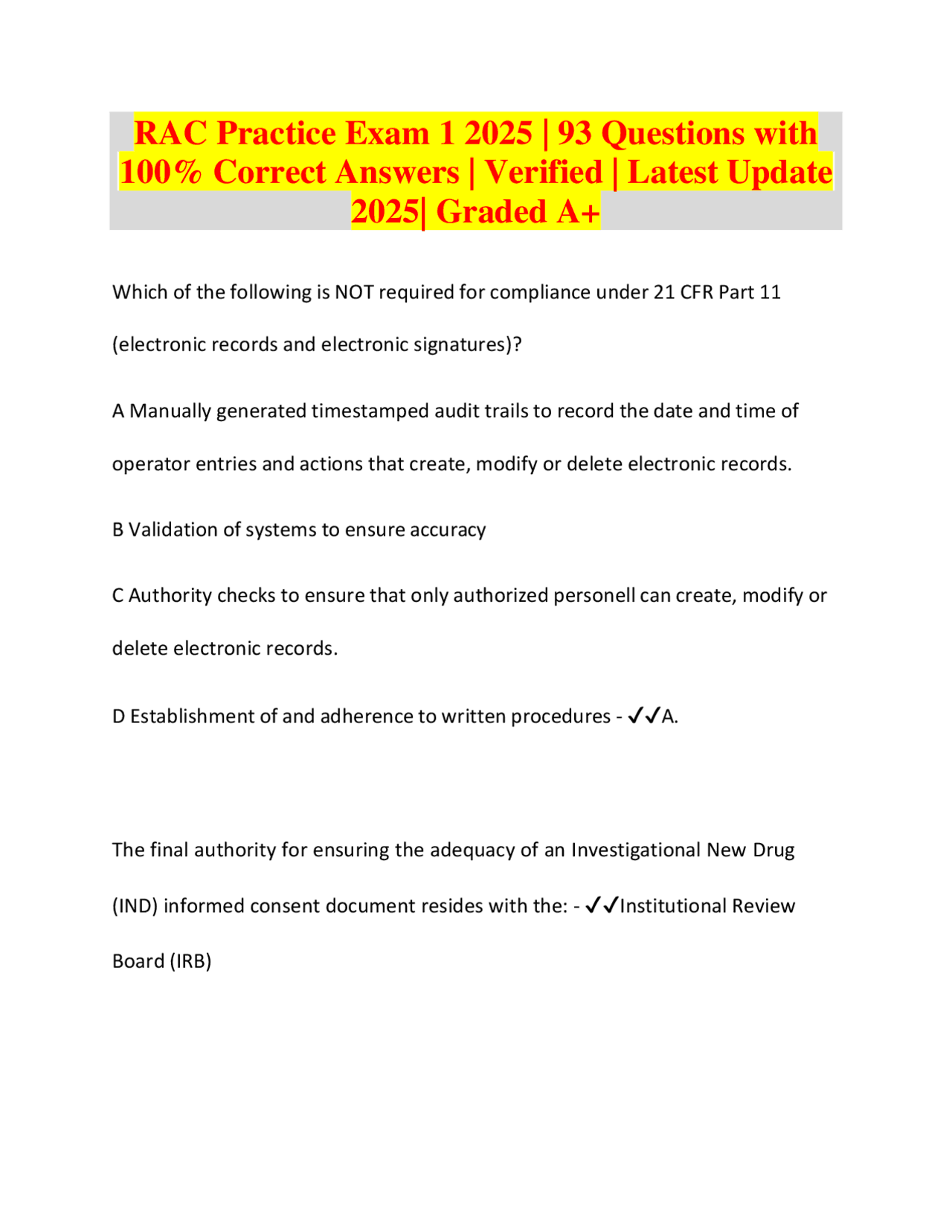 RAC Practice Exam 1 2025: 93 Questions with 100% Correct Answers ...