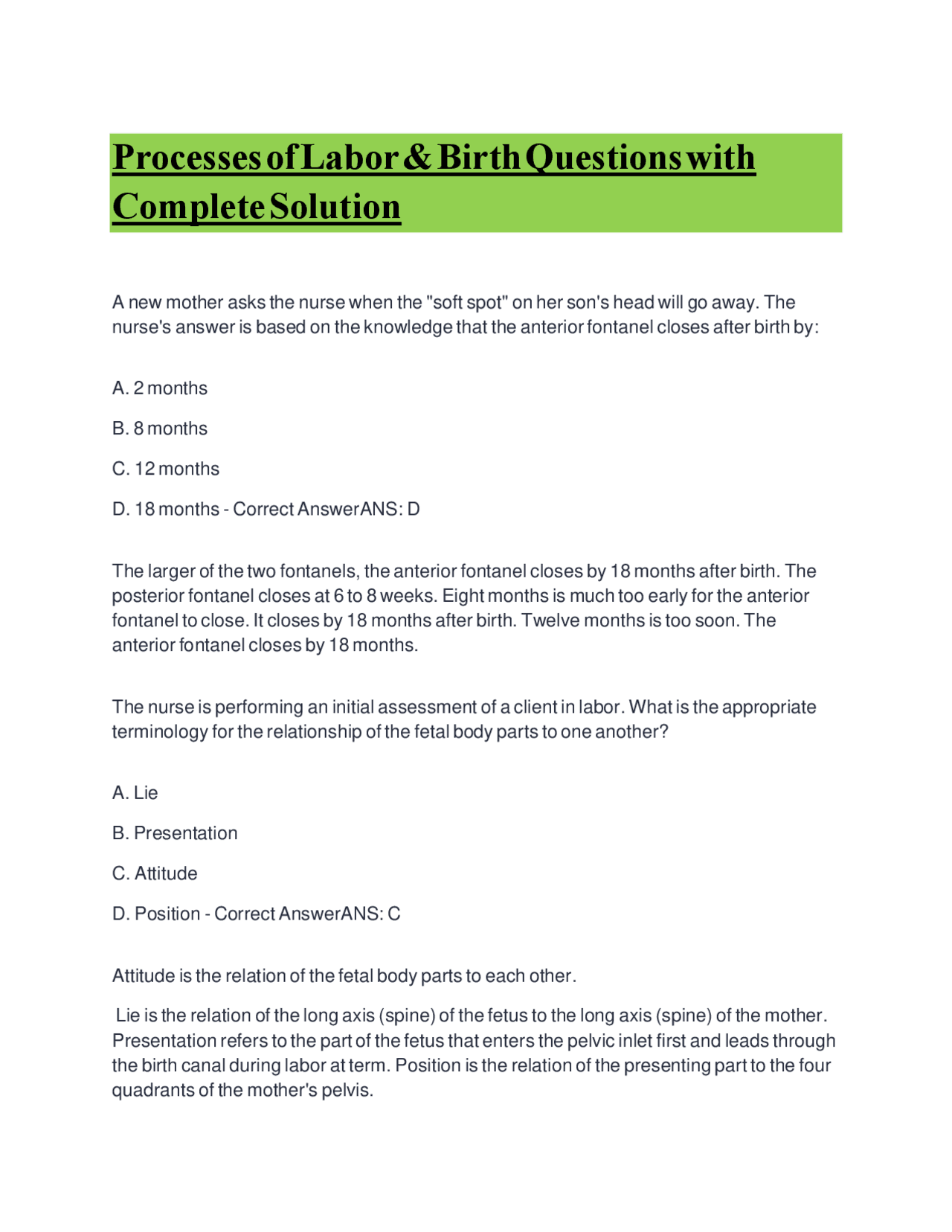 Labor and Birth: Multiple Choice Questions and Answers | Exams Nursing ...