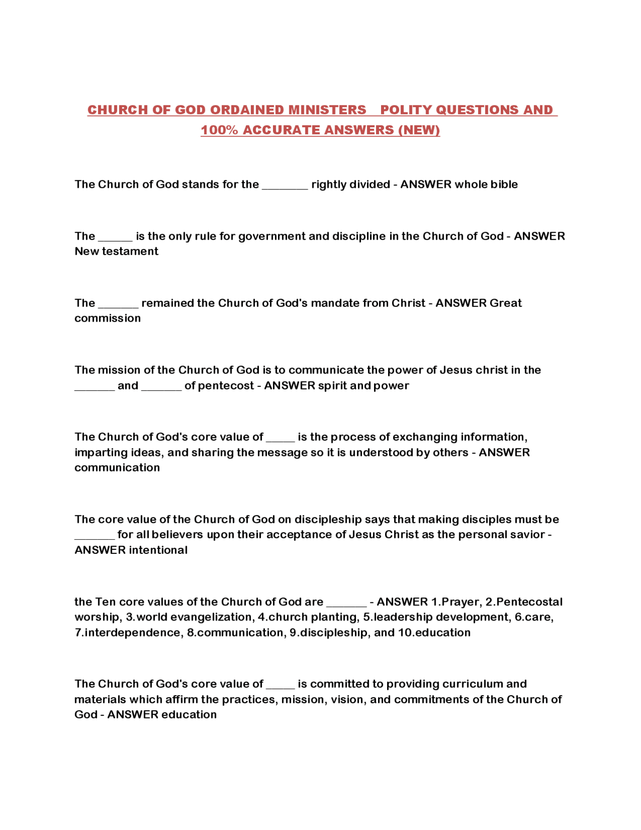 CHURCH OF GOD ORDAINED MINISTERS POLITY QUESTIONS AND 100% ACCURATE ...