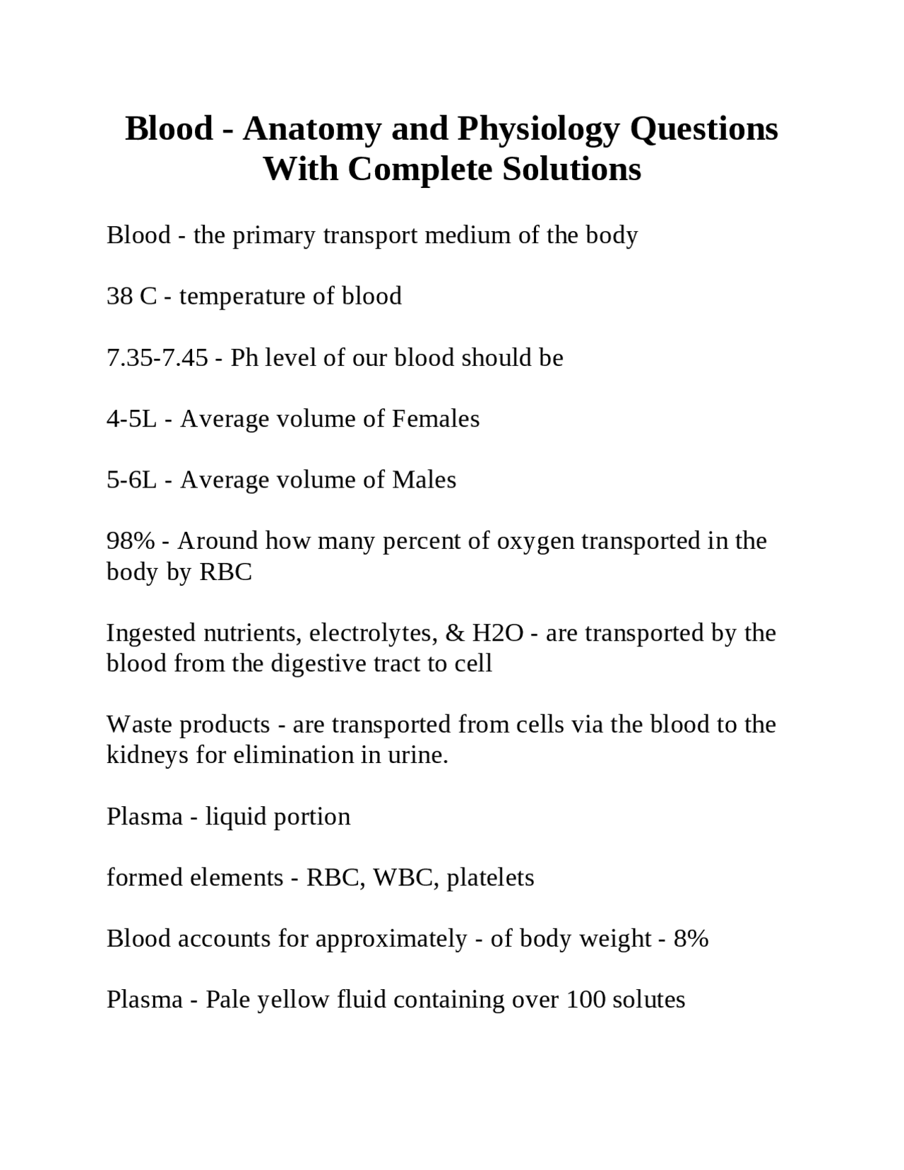 Blood - Anatomy and Physiology Questions With Complete Solutions ...