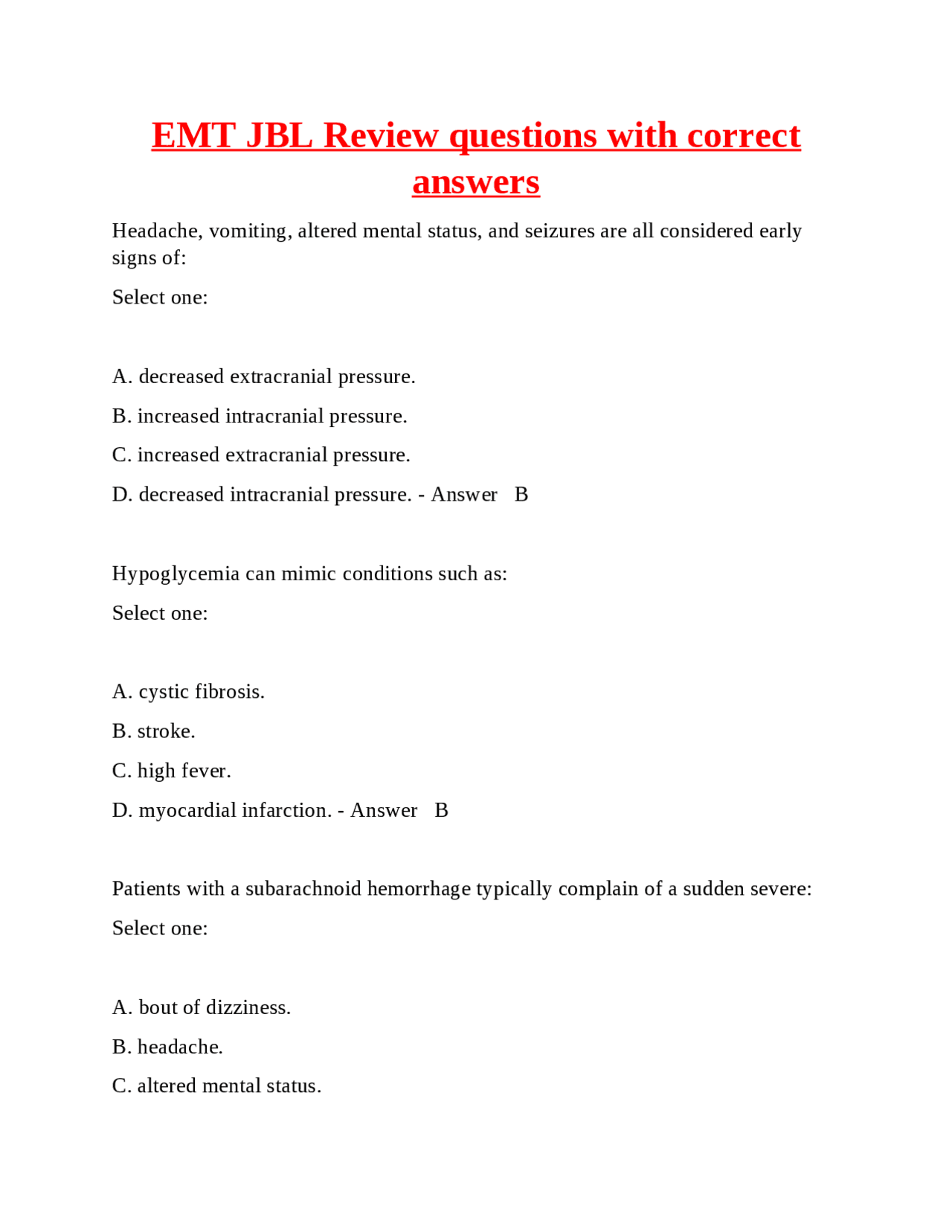 EMT JBL Review Questions: Neurological and Abdominal Conditions | Exams ...