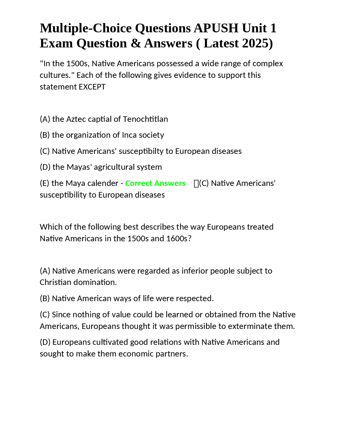 Multiple-Choice Questions APUSH Unit 1 Exam Question & Answers ( Latest ...