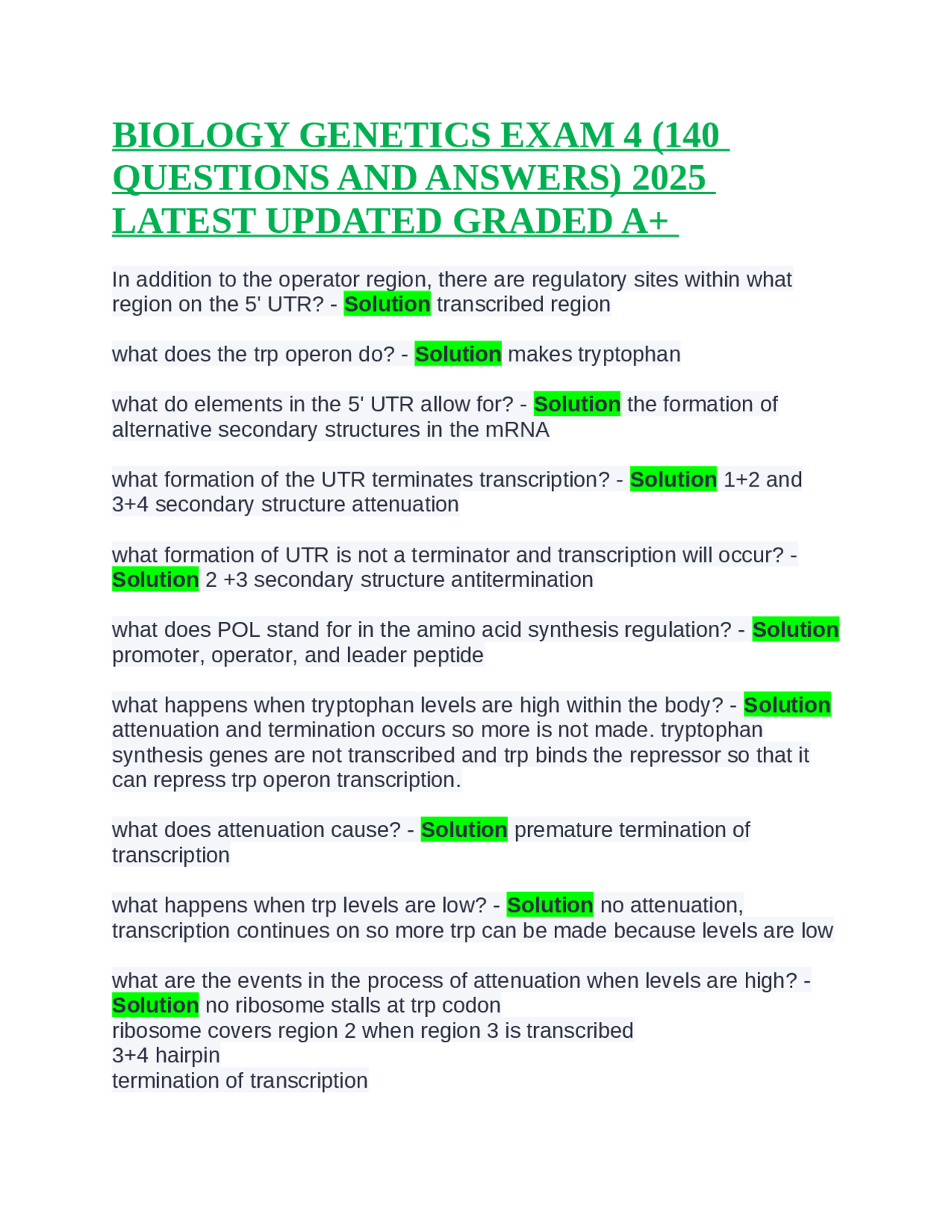 BIOLOGY GENETICS EXAM 4 (140 QUESTIONS AND ANSWERS) 2025 LATEST UPDATED ...