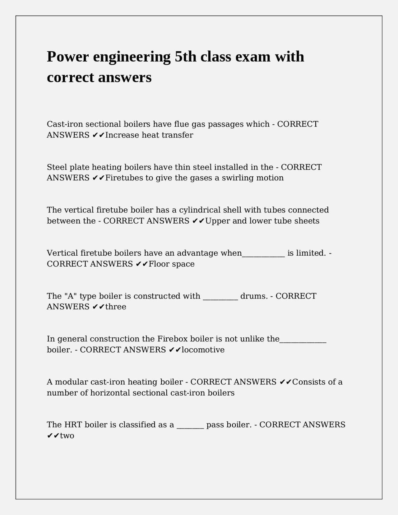 Power Engineering 5th Class Exam with Correct Answers: Boiler Systems ...