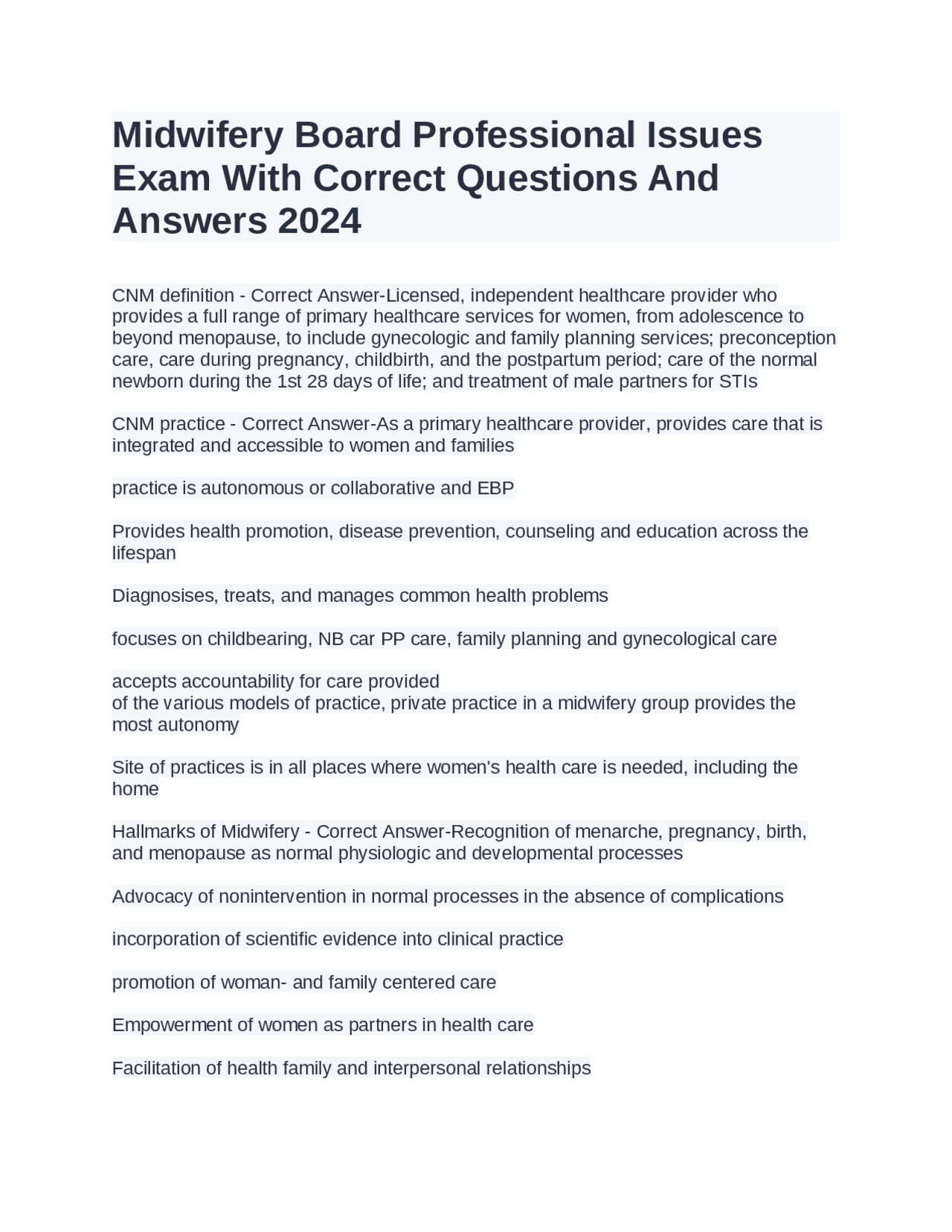 Midwifery Board Professional Issues Exam With Correct Questions And ...