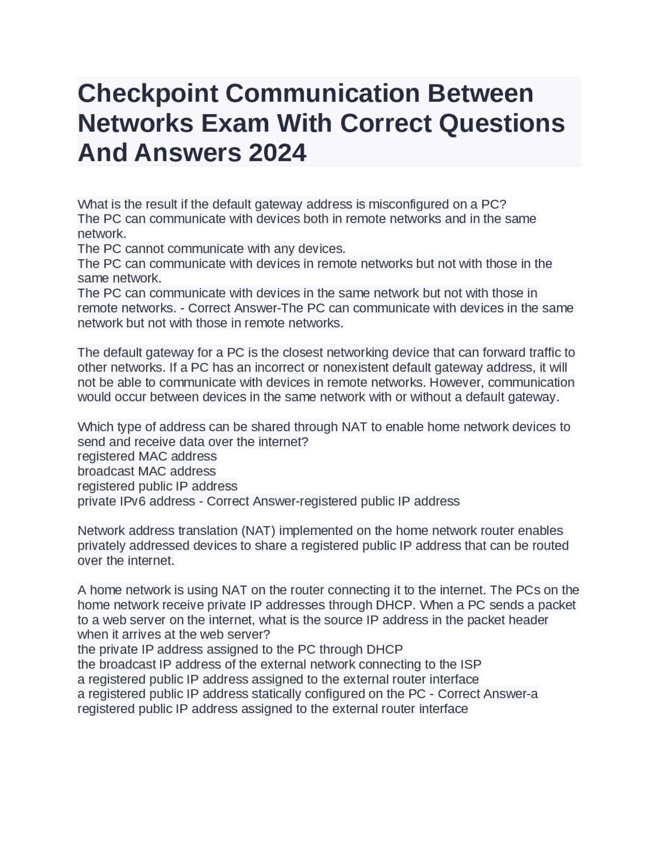 Checkpoint Communication Between Networks Exam With Correct Questions ...