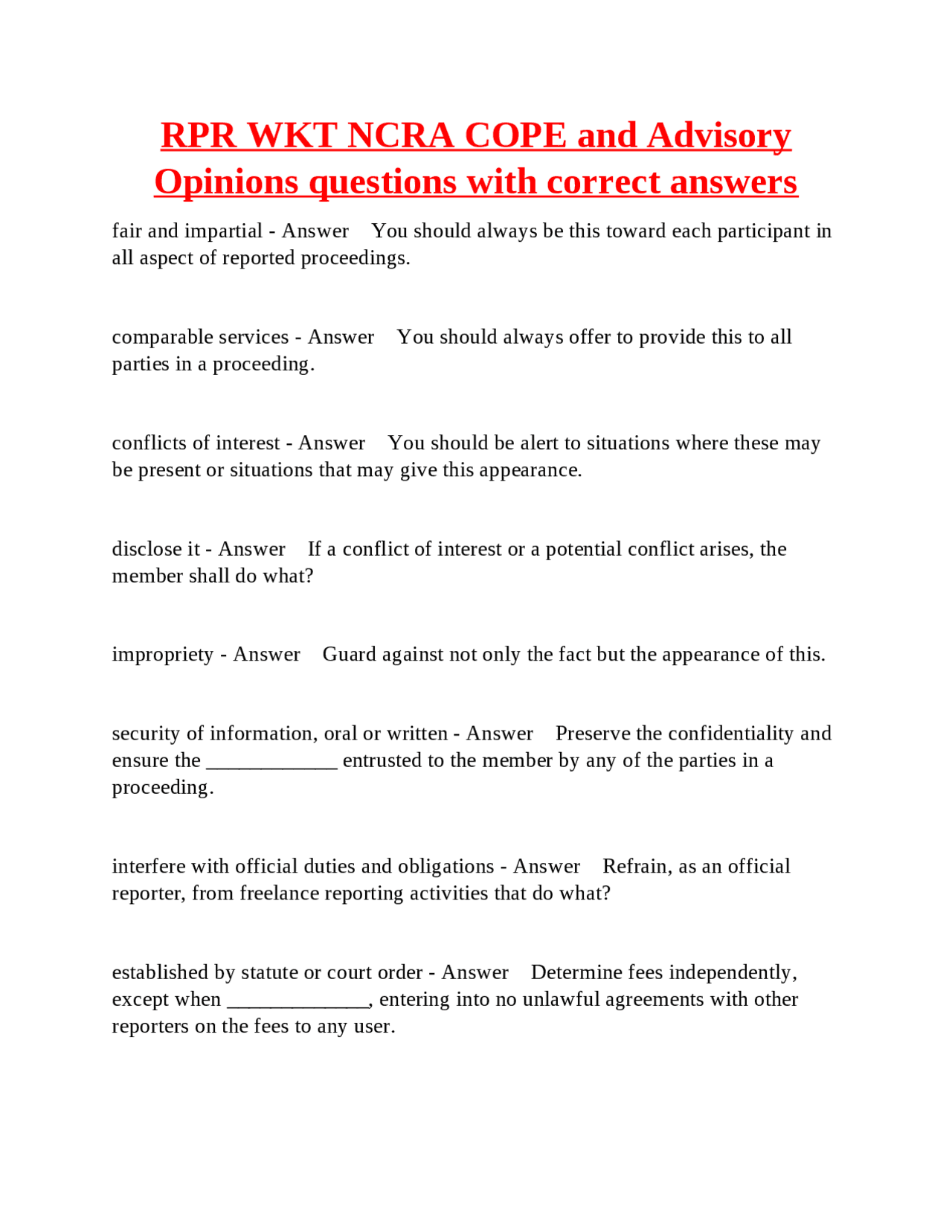 RPR WKT NCRA COPE and Advisory Opinions questions with correct answers ...