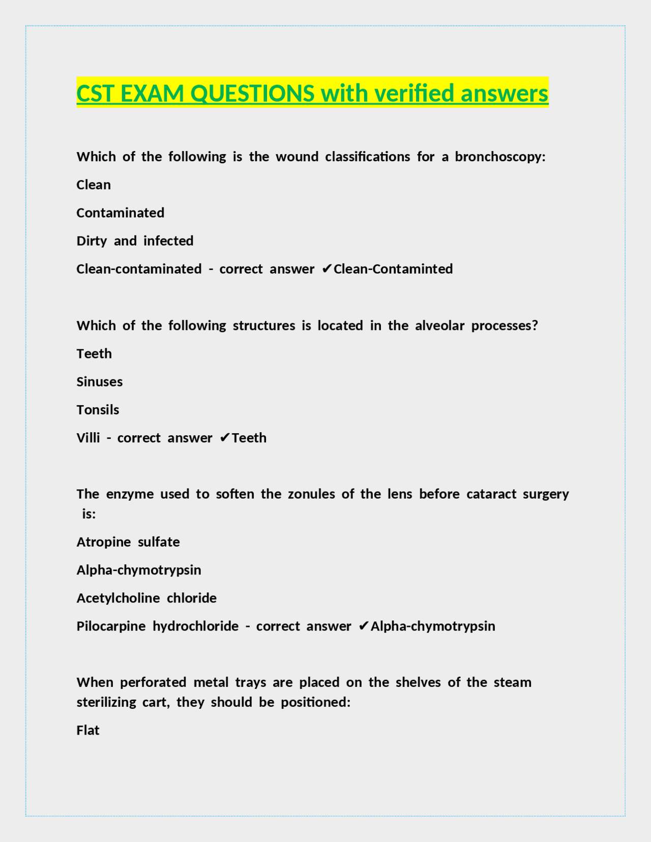 CST Exam Questions with Verified Answers | Exams Nursing | Docsity