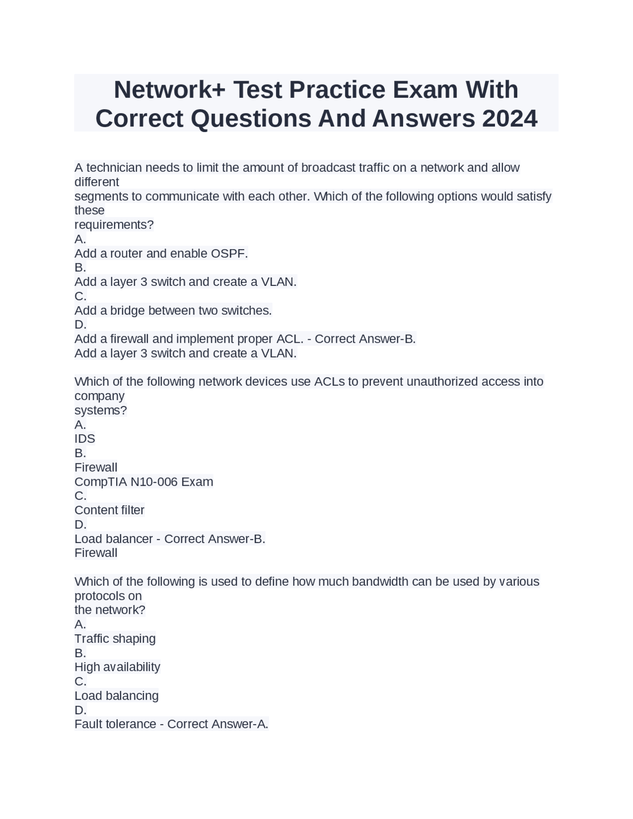 Network+ Test Practice Exam With Correct Questions And Answers 2024 ...