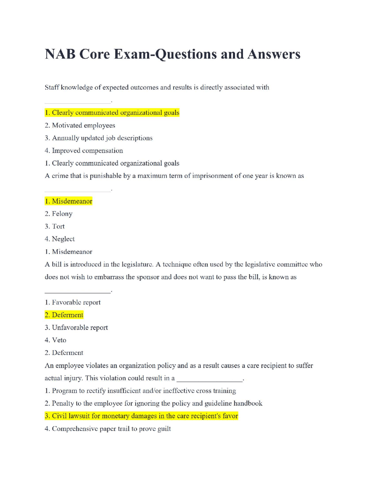 NAB Core Exam-Questions and Answers | Exams Nursing | Docsity