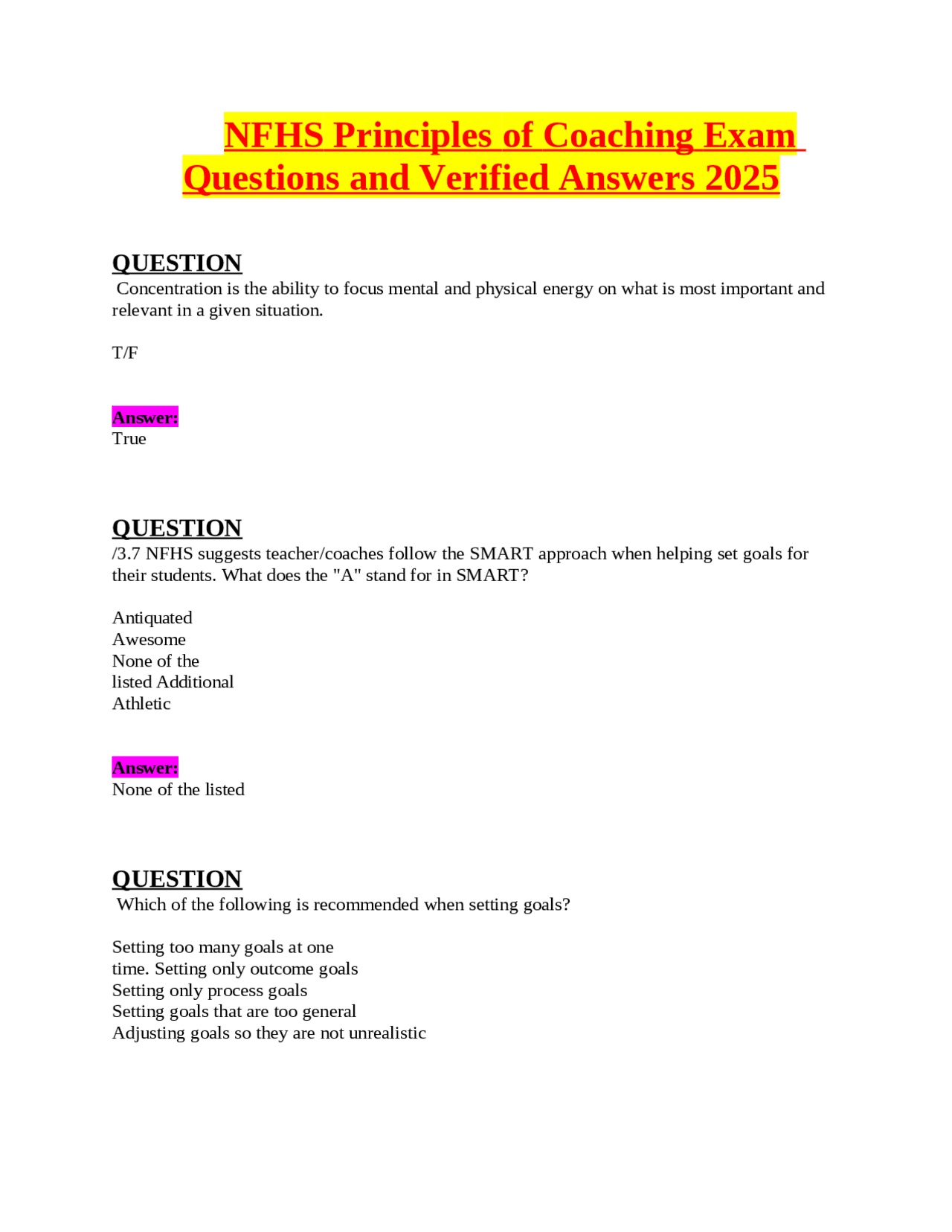 NFHS Principles of Coaching Exam Questions and Verified Answers 2025 ...
