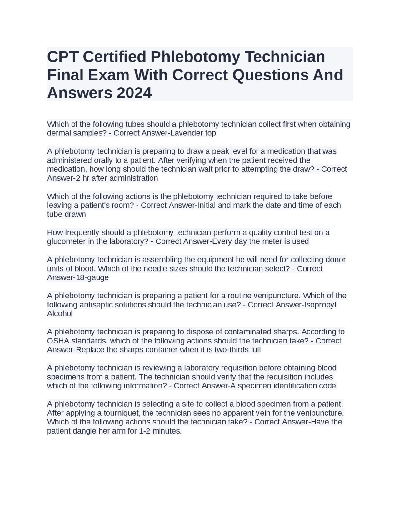 CPT Certified Phlebotomy Technician Final Exam With Correct Questions ...