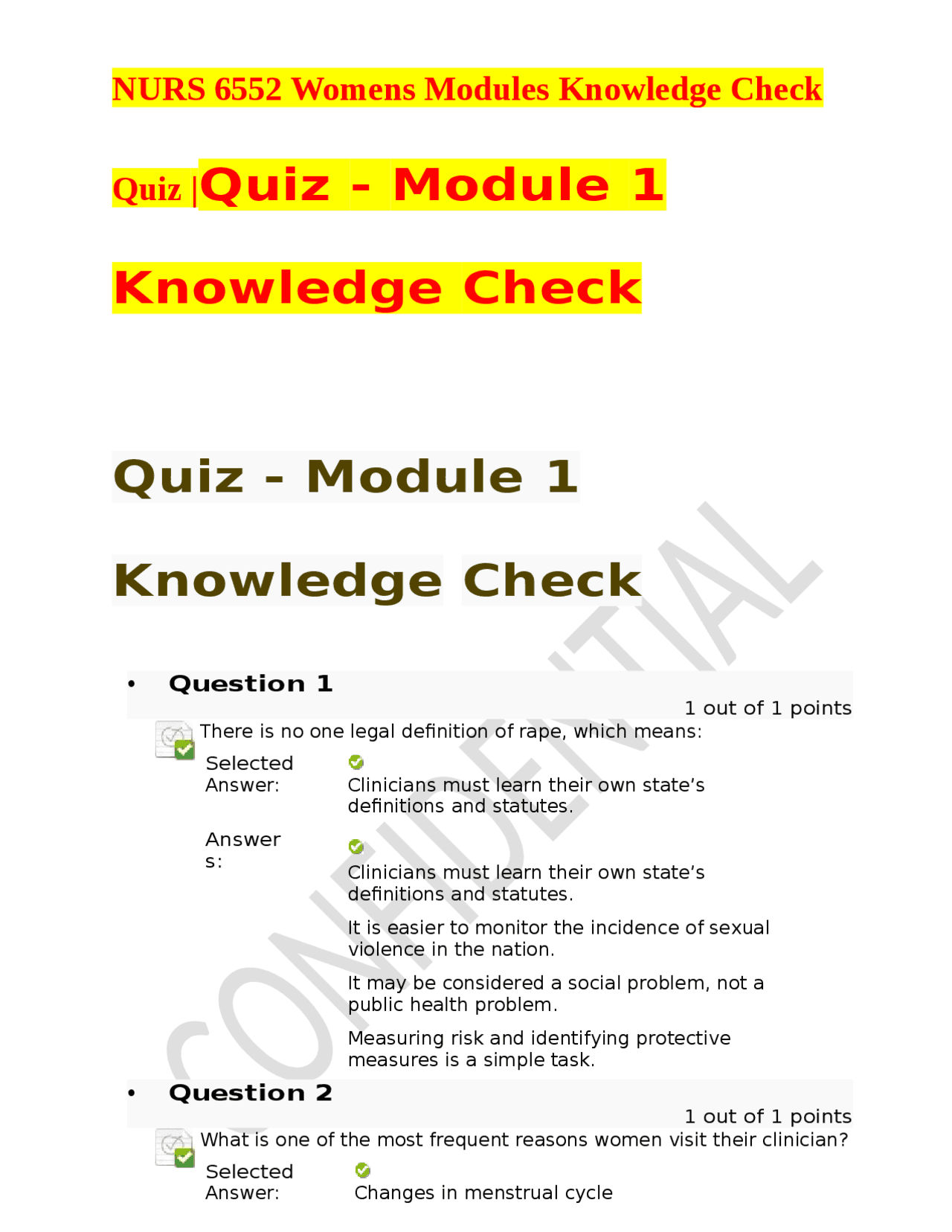 NURS 6552 Womens Modules Knowledge Check Quiz |Quiz - Module 1 Knowledge Check | Exams Nursing ...