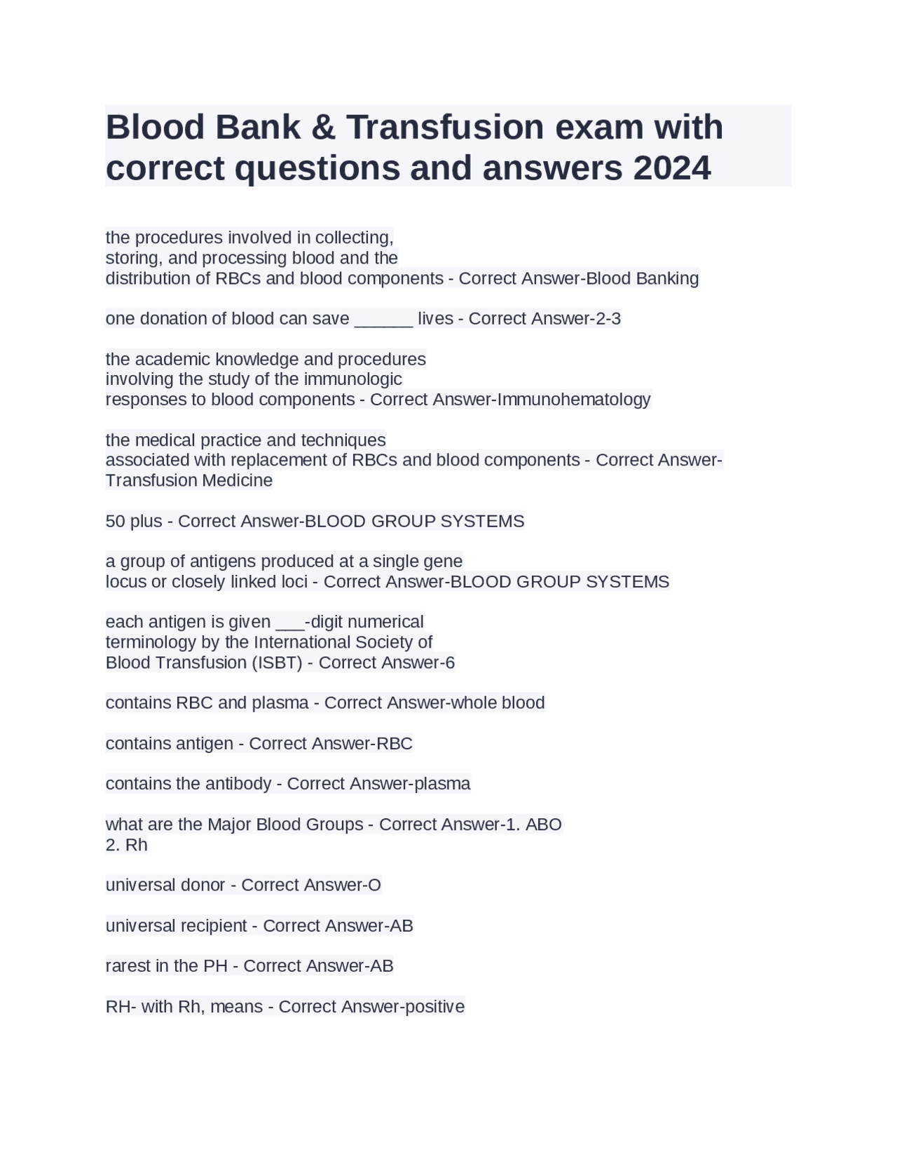 Blood Bank & Transfusion exam with correct questions and answers 2024 ...