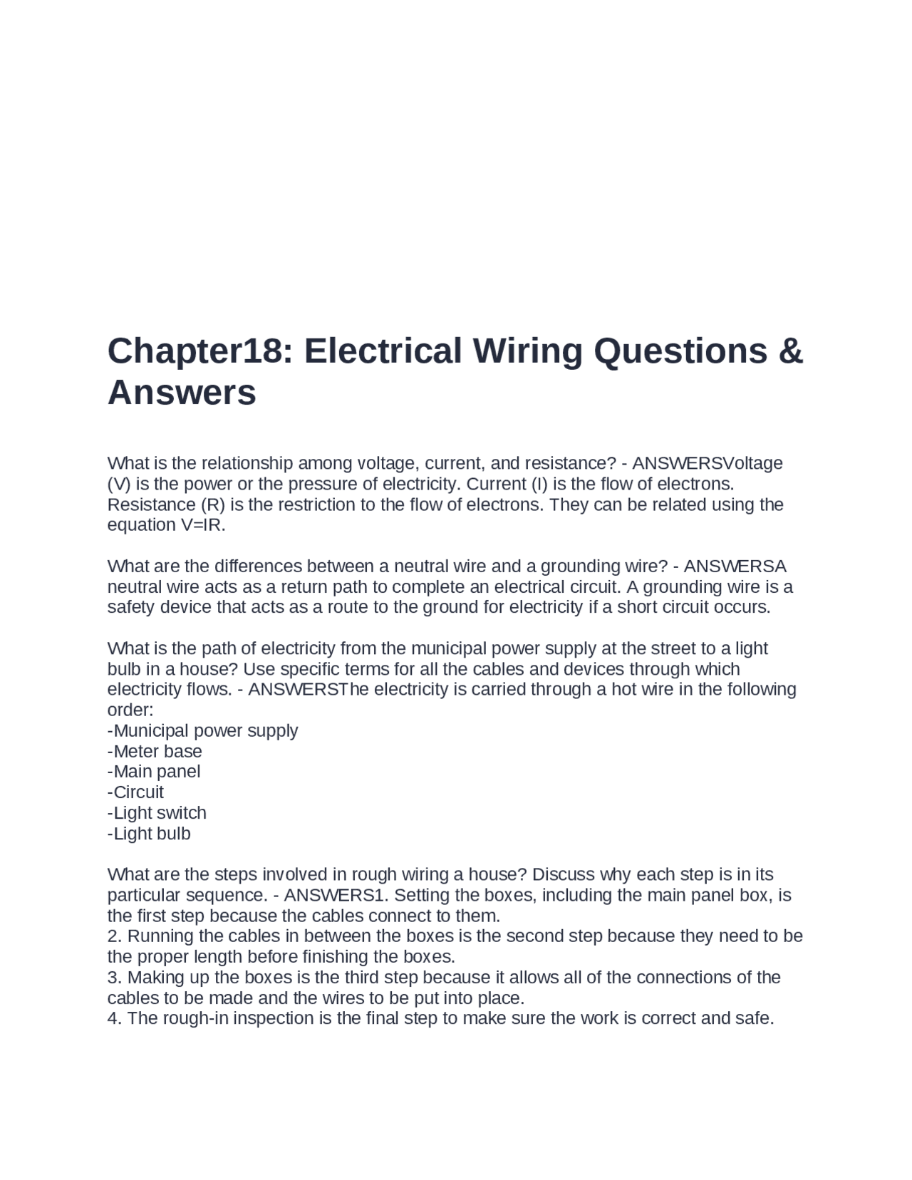 Chapter 18:Electrical Wiring Questions & Answers | Exams Nursing | Docsity