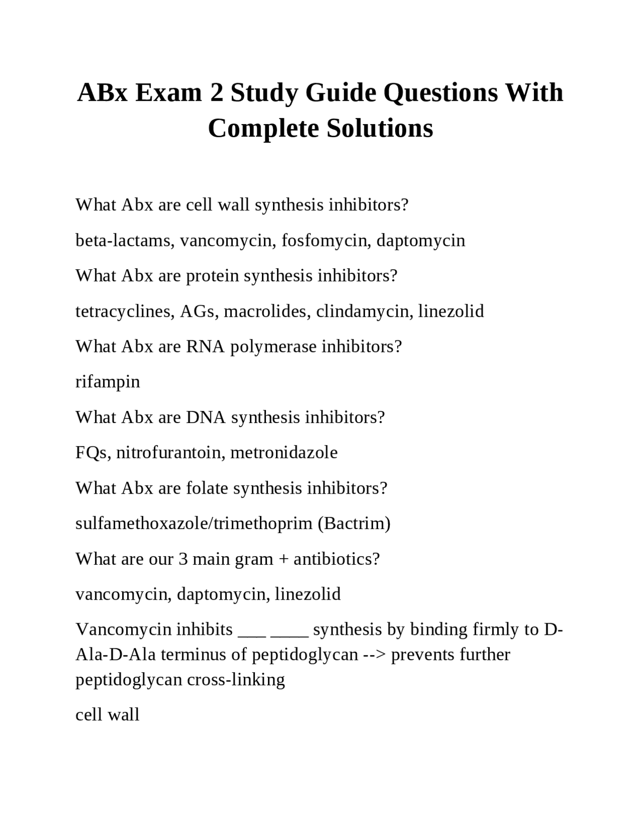 ABx Exam 2 Study Guide Questions With Complete Solutions | Exams Nursing | Docsity