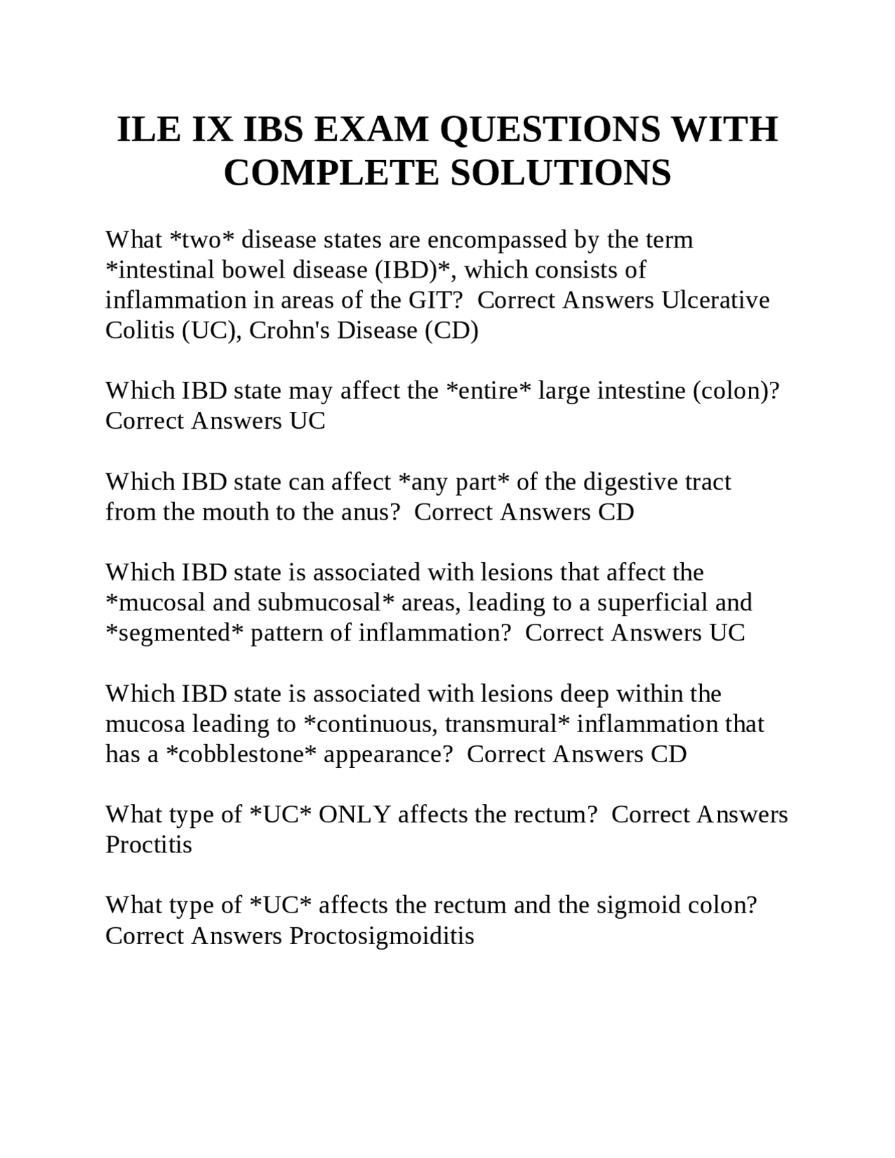 ILE IX IBS EXAM QUESTIONS WITH COMPLETE SOLUTIONS | Exams Nursing | Docsity