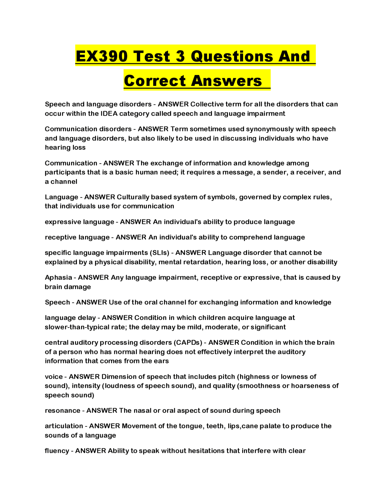 Speech and Language Disorders: Test 3 Questions and Answers | Exams ...