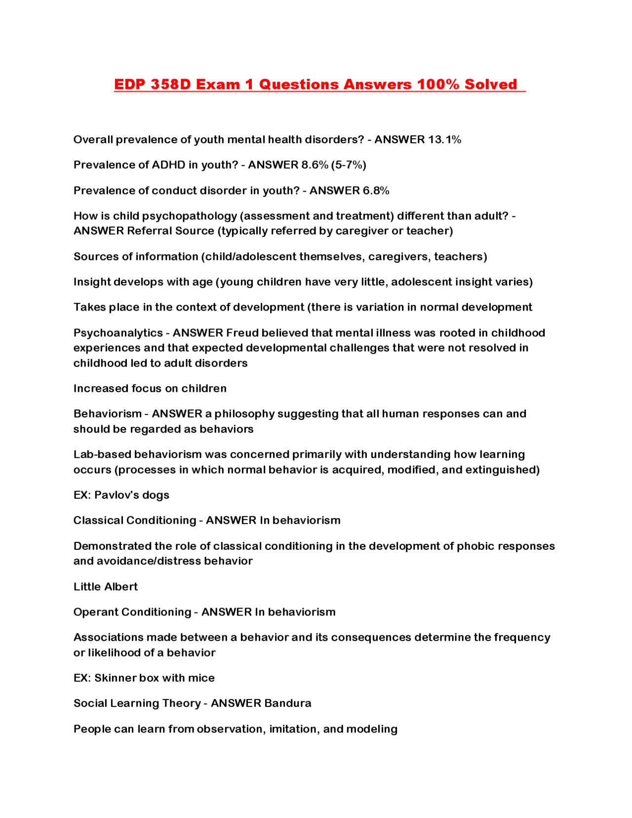 EDP 358D Exam 1 Questions and Answers: Child Psychopathology | Exams ...