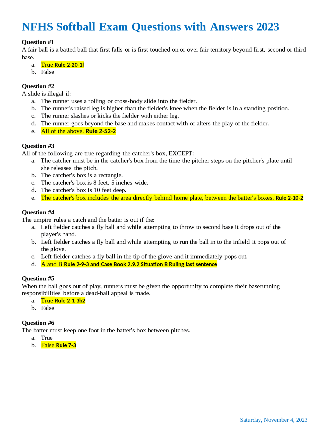 NFHS Softball Exam Questions and Answers 2025 | Exams Physical Activity ...