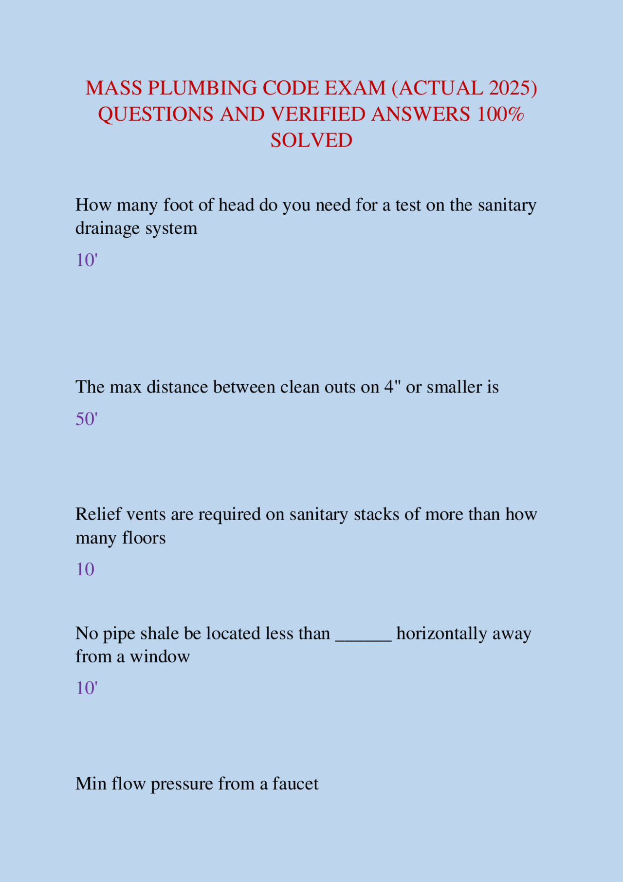MASS PLUMBING CODE EXAM (ACTUAL 2025) QUESTIONS AND VERIFIED ANSWERS ...