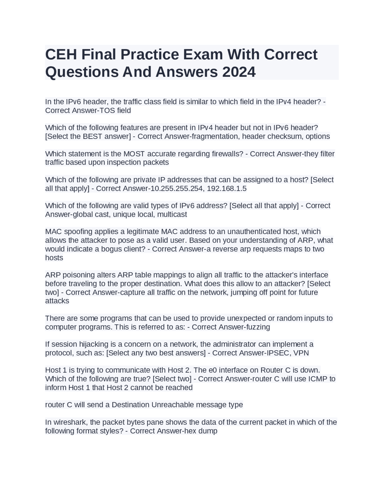 CEH Final Practice Exam With Correct Questions And Answers 2024 | Exams ...