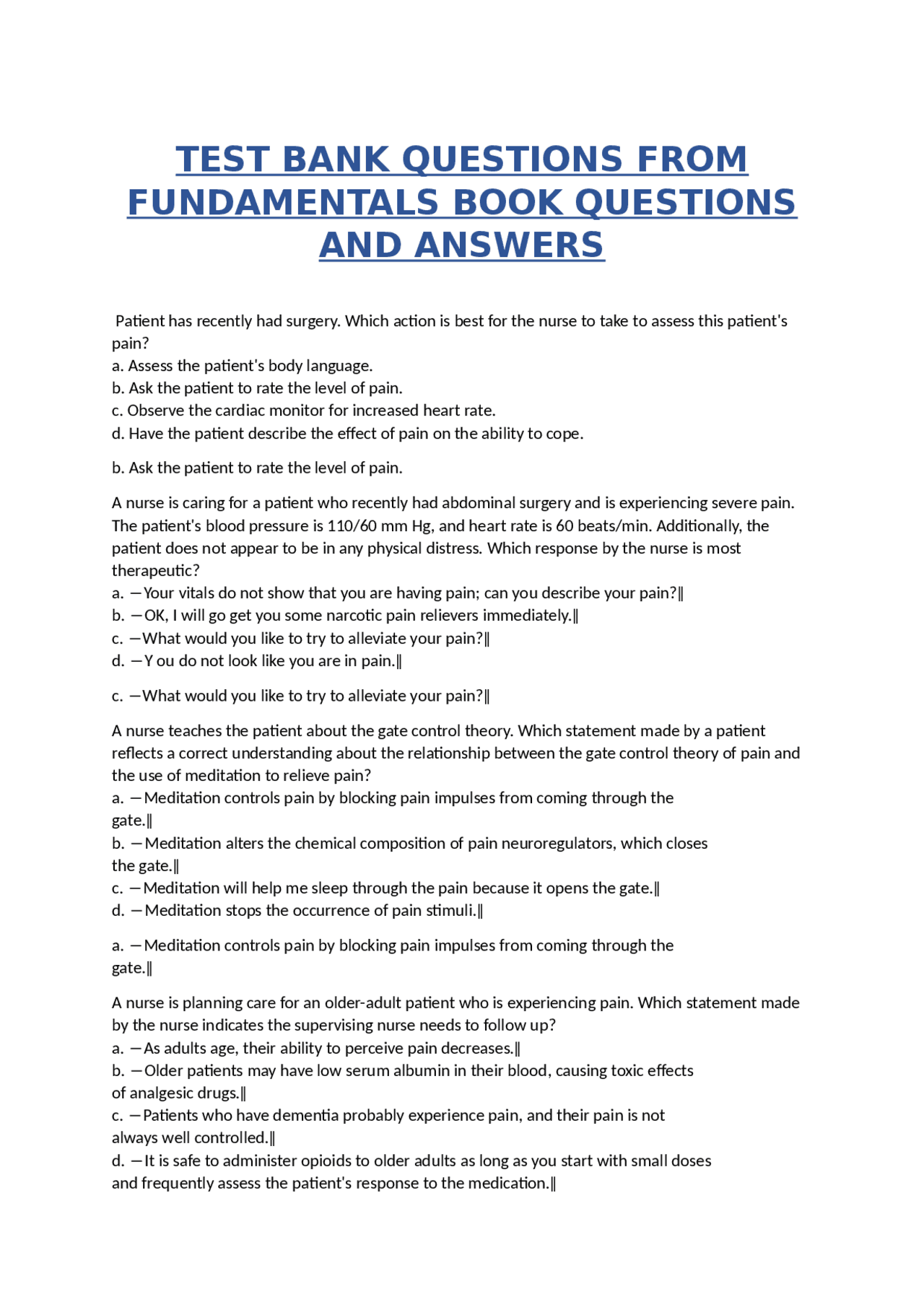 Fundamentals of Nursing: Pain Management Test Bank Questions and ...