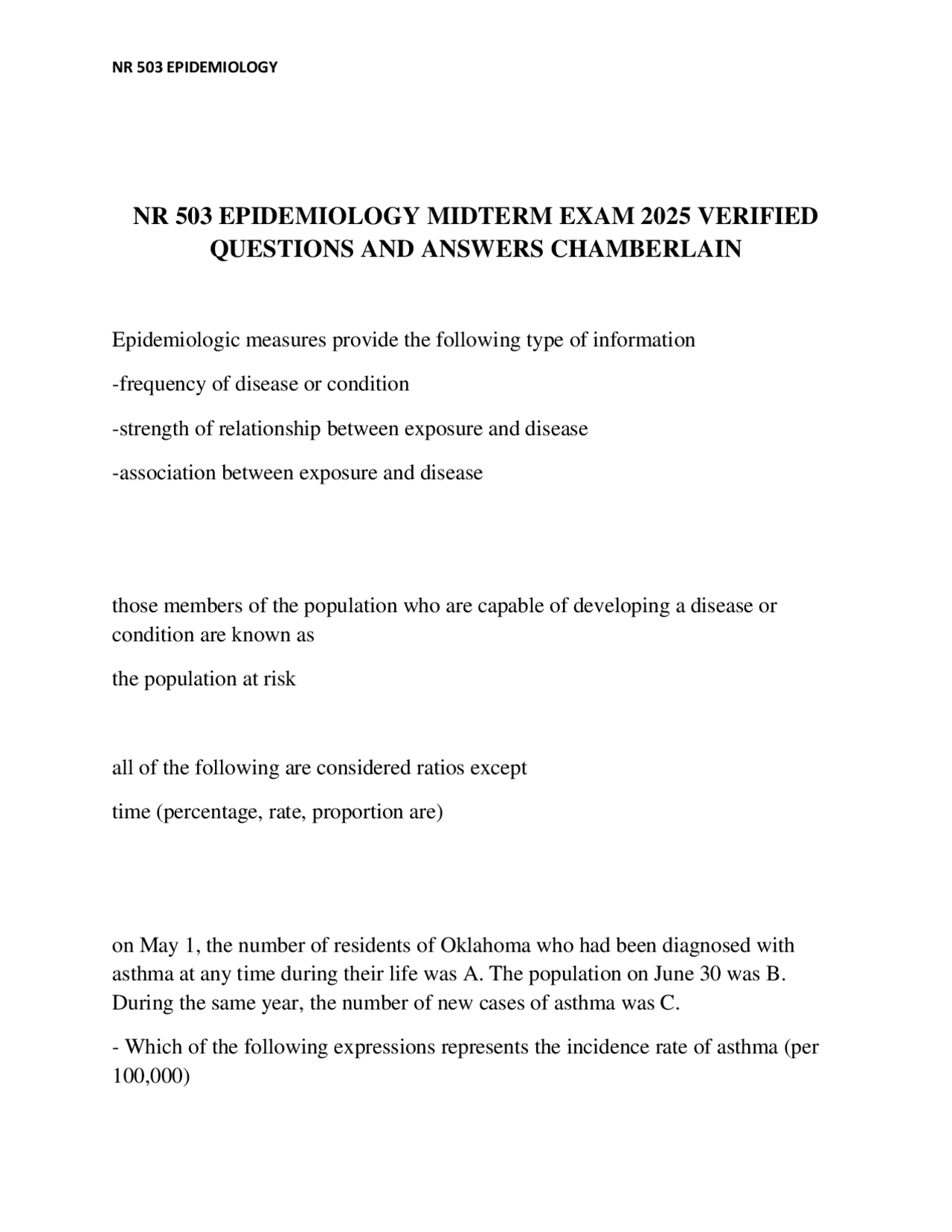 NR 503 Epidemiology Midterm Exam 2025: Questions and Answers | Exams Nursing | Docsity