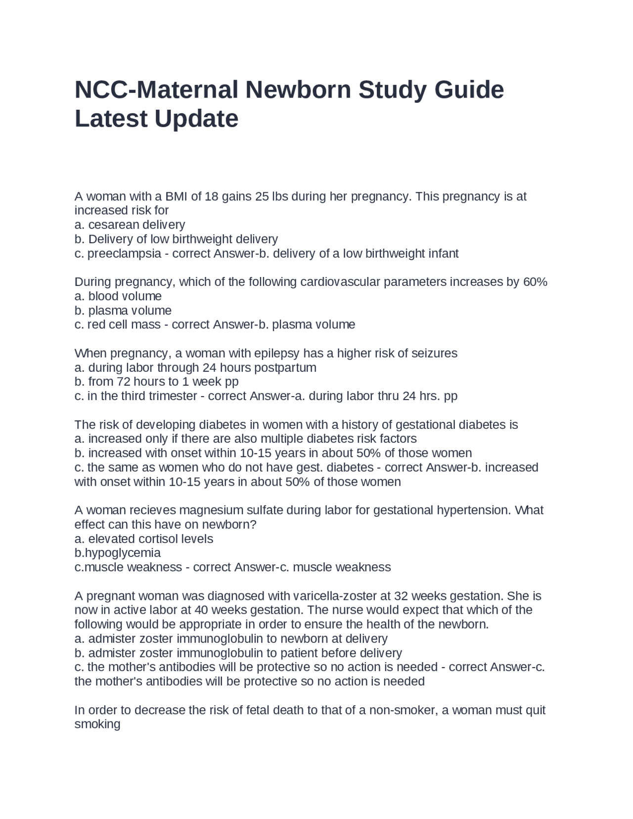 NCC-Maternal Newborn Study Guide Latest Update | Exams Nursing | Docsity