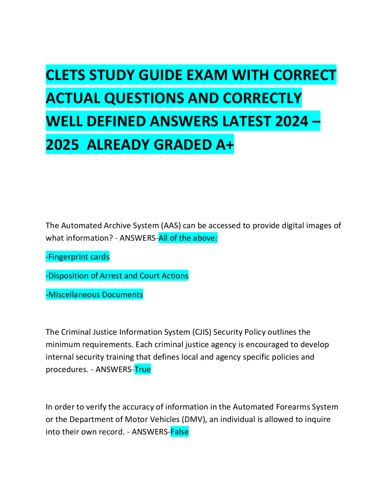 CLETS STUDY GUIDE EXAM WITH CORRECT ACTUAL QUESTIONS AND CORRECTLY WELL ...