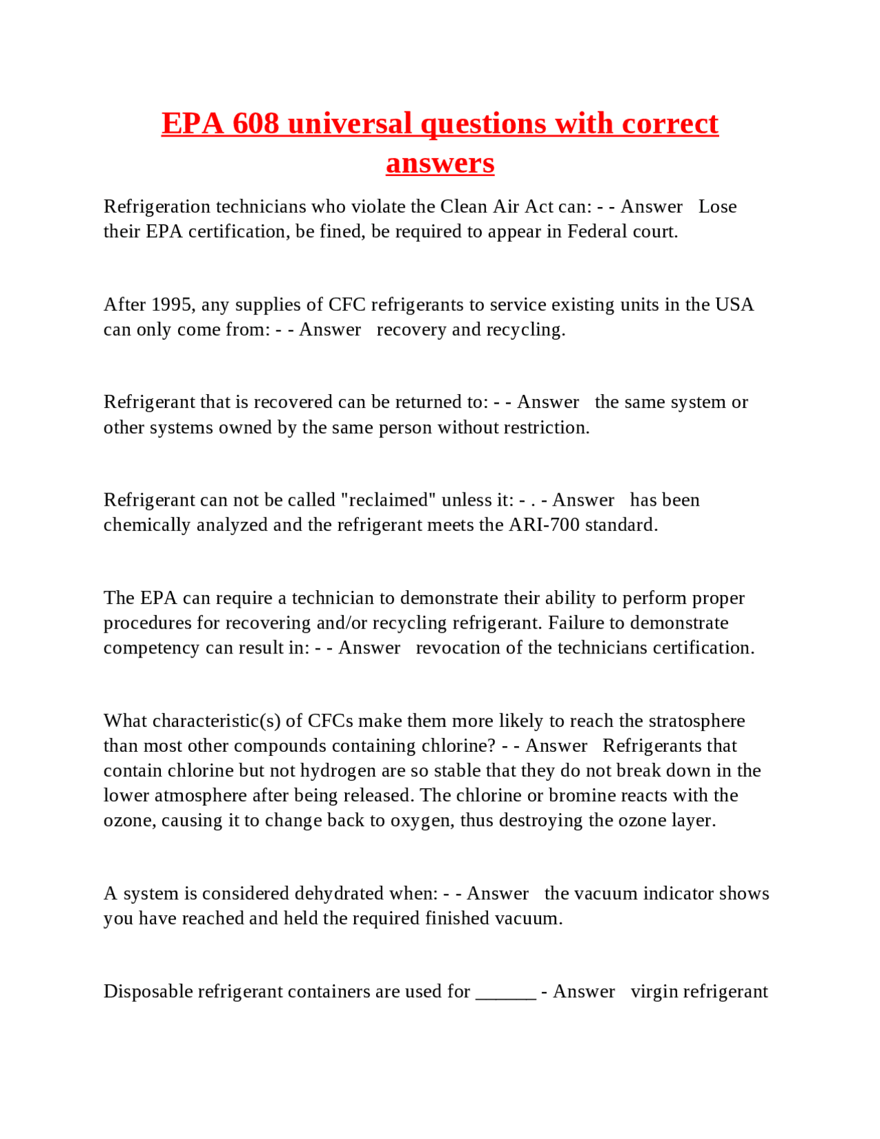 EPA 608 Universal Questions and Answers for Refrigeration Technicians ...