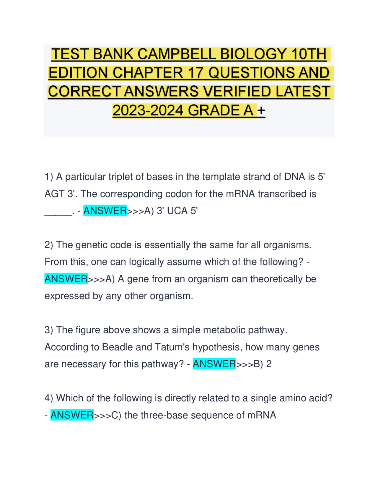 Campbell Biology 10th Edition Chapter 17 Test Bank: Questions and ...