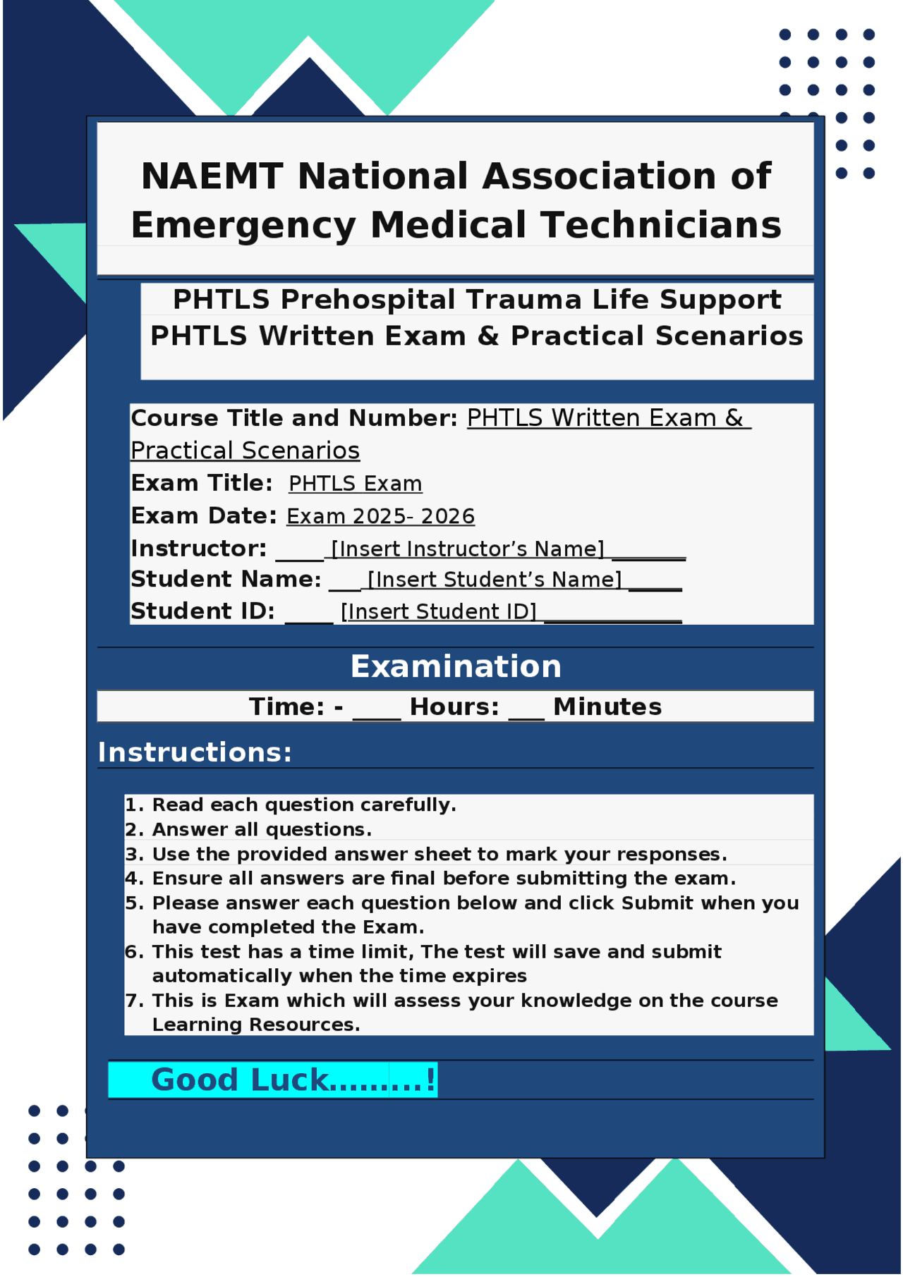 PHTLS 9th Edition Post-Test Review PHTLS Prehospital Trauma Life ...