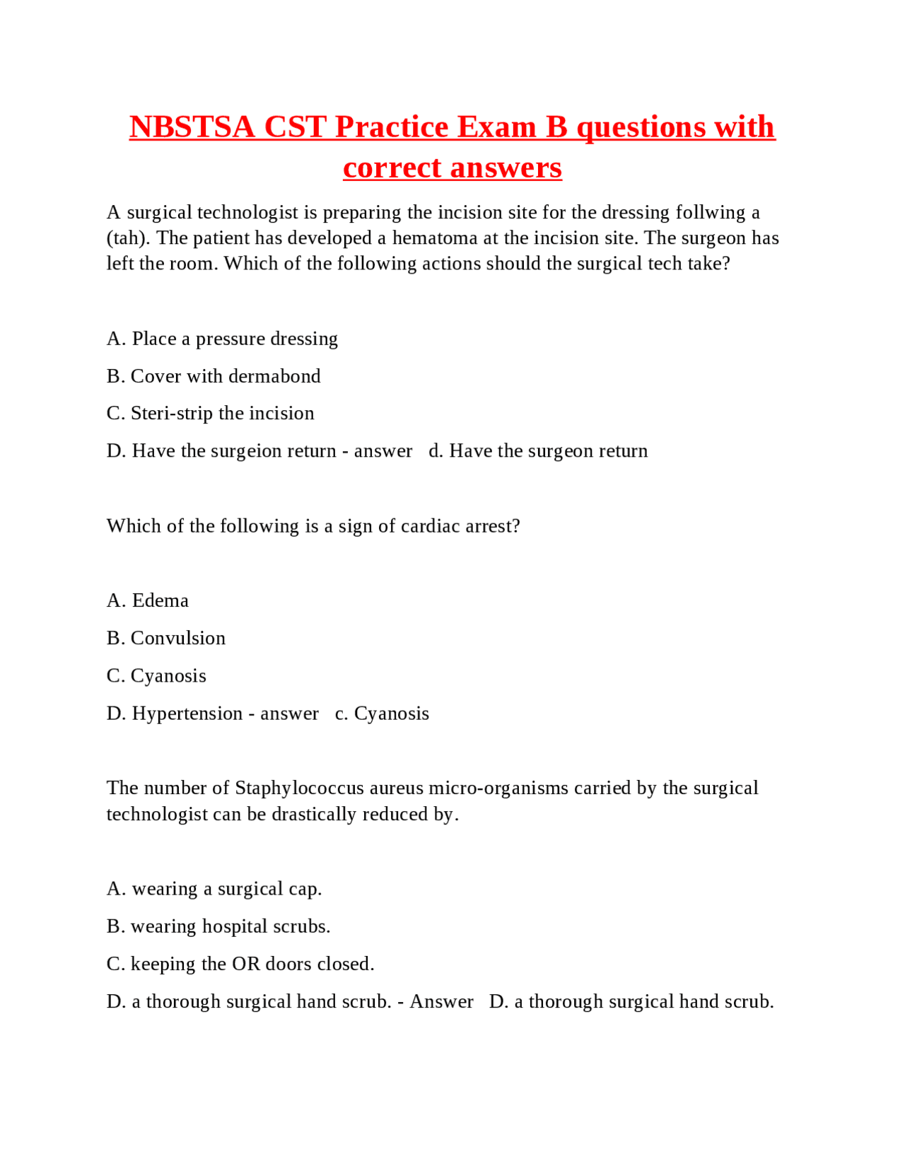 NBSTSA CST Practice Exam B: Surgical Technology Questions and Answers ...