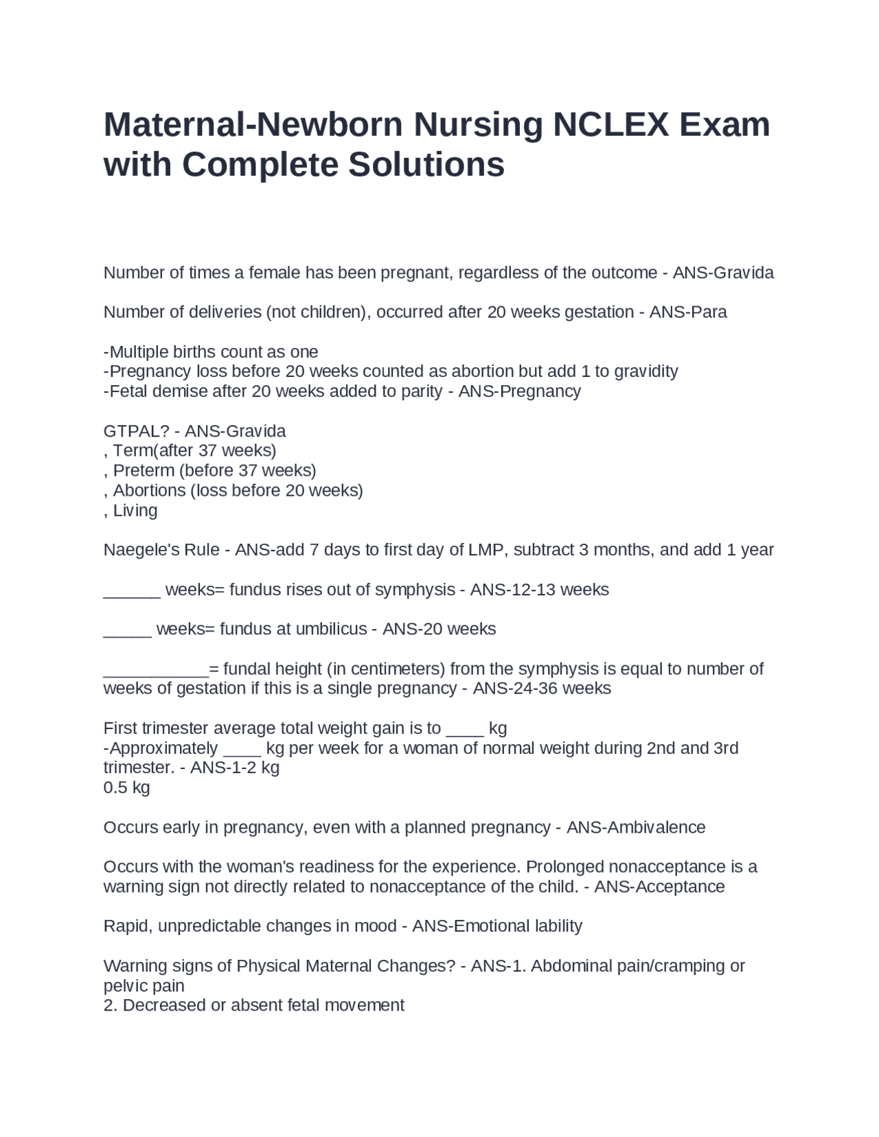 Maternal-Newborn Nursing NCLEX Exam with Complete Solutions | Exams ...